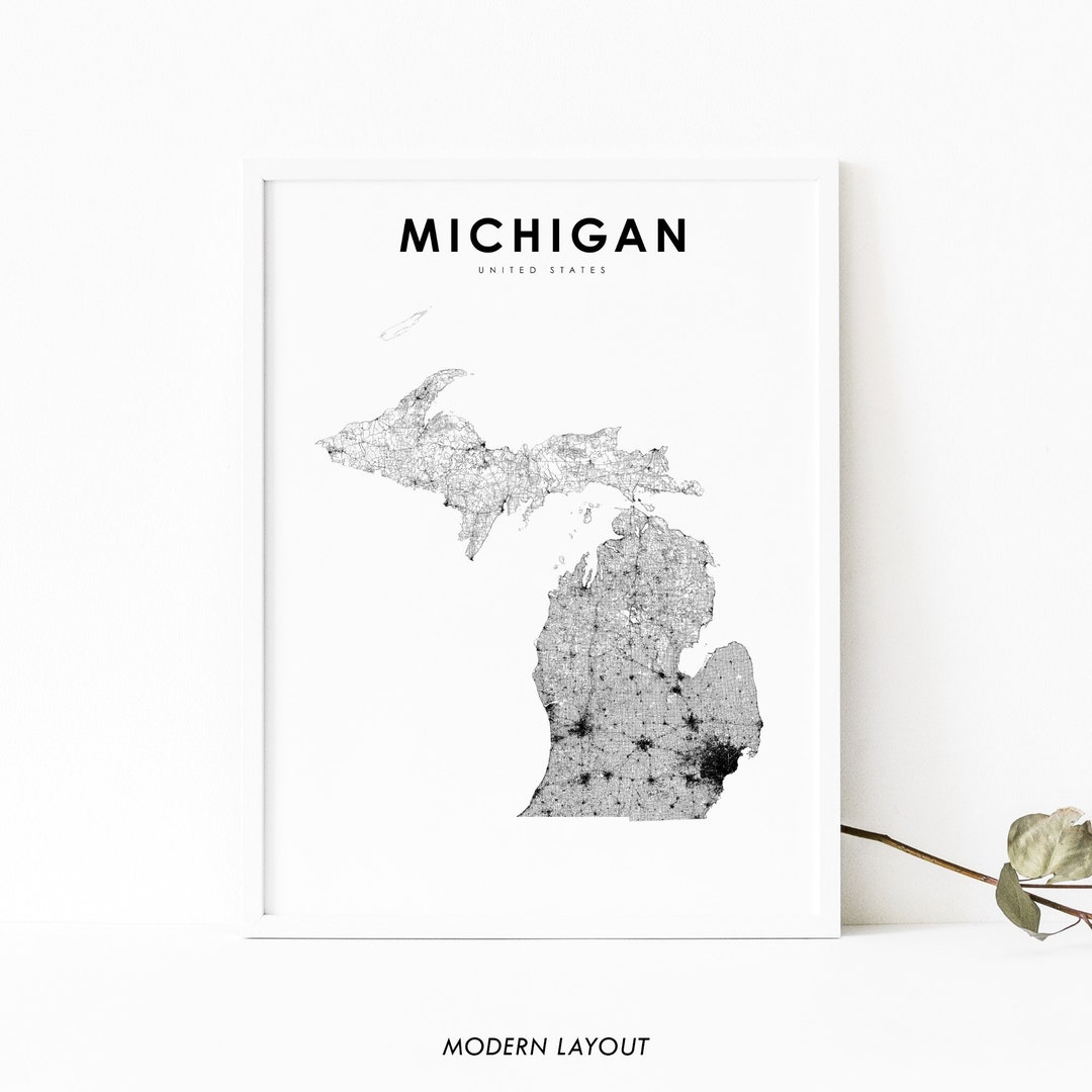 Michigan Map Print, State Road Map Print, MI USA United States Map Art ...