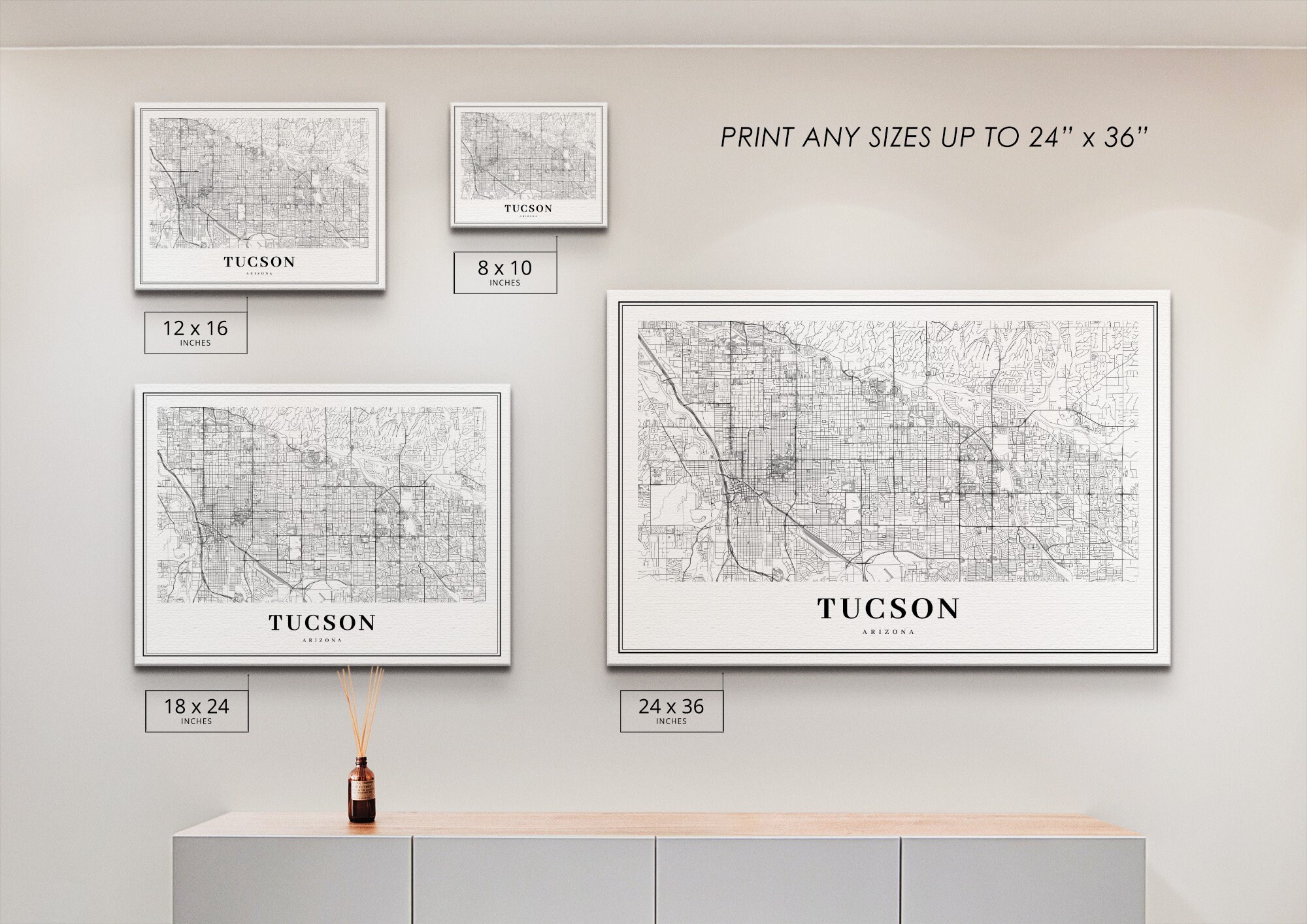 Tucson AZ Map Print, Arizona USA Map Art Poster, City Street Road Map ...