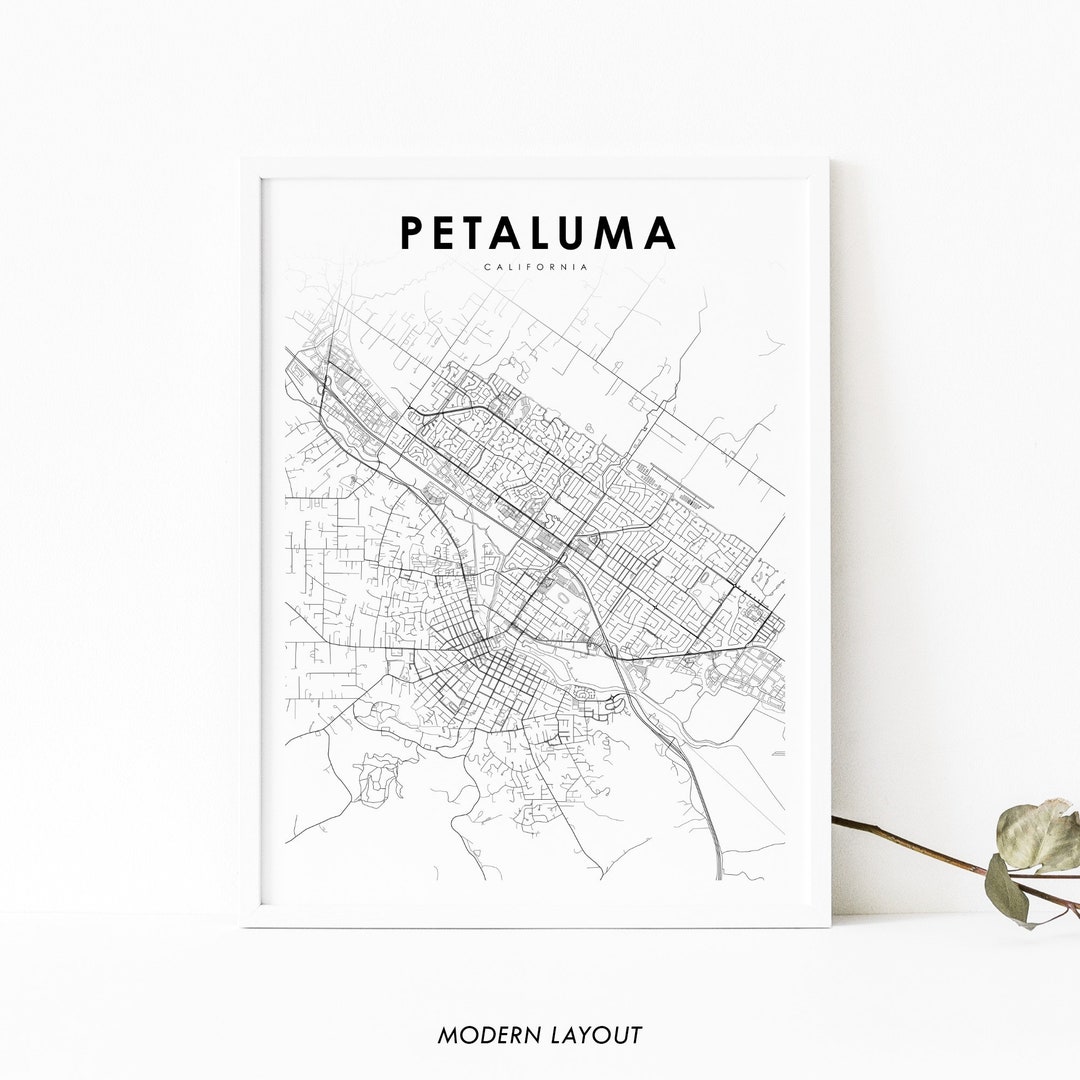 Petaluma CA Map Print, California USA Map Art Poster, Sonoma County ...