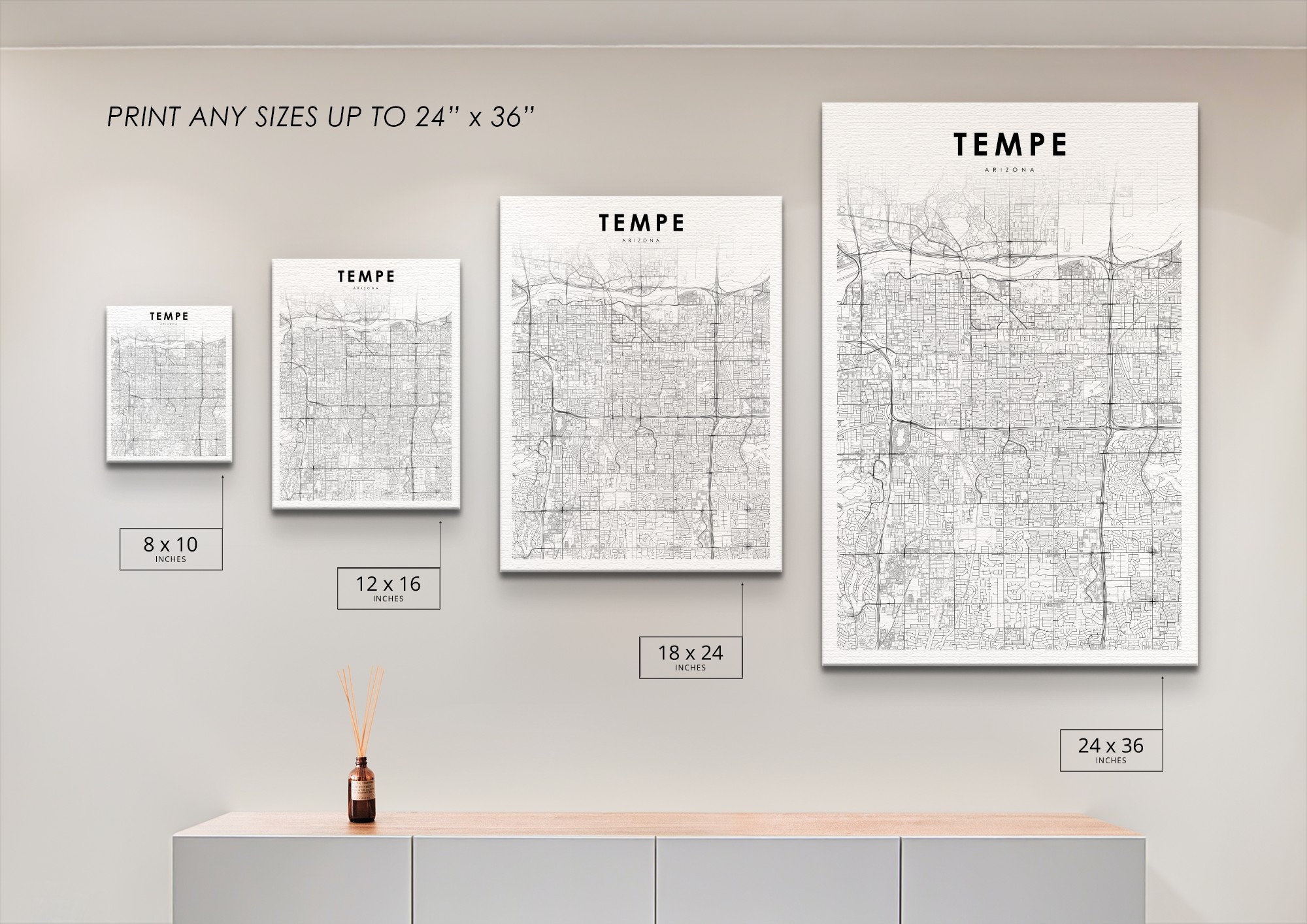 Tempe AZ Map Print, Arizona USA Map Art Poster, Phoenix Scottsdale City ...