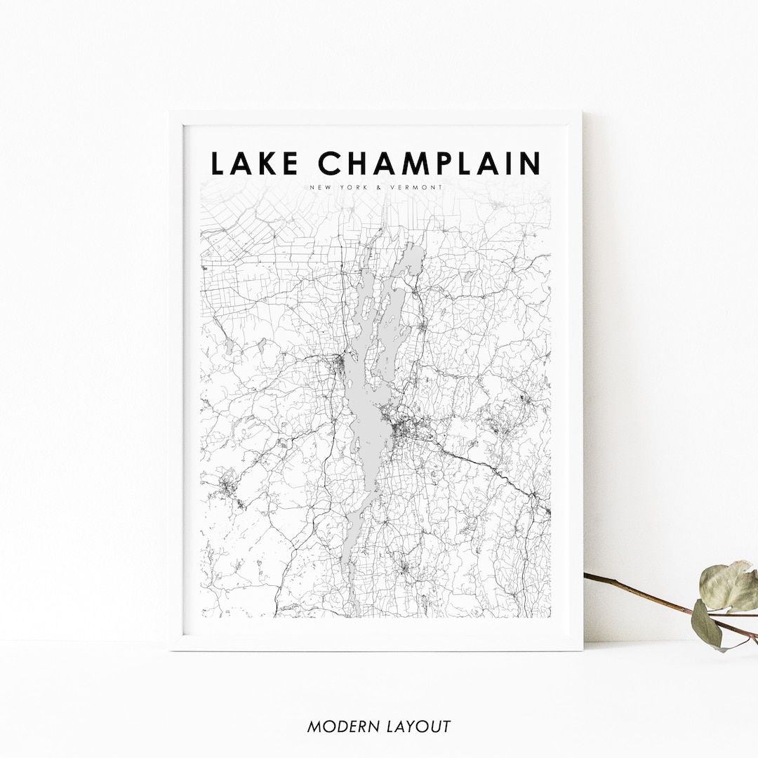 Lake Champlain NY VT Map Print, New York Vermont USA Map Art Poster ...
