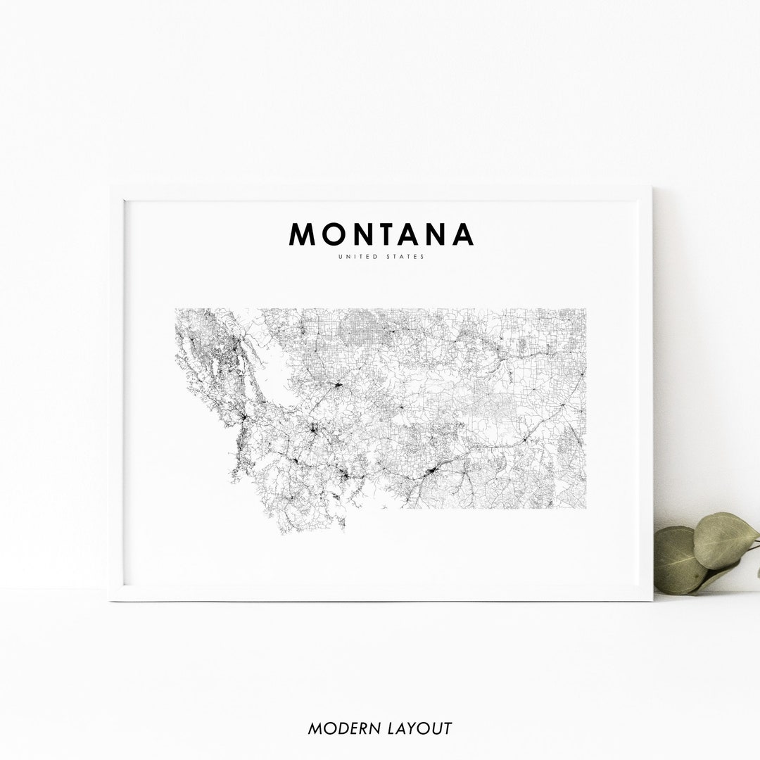 Montana Map Print, State Road Map Print, MT USA United States Map Art ...