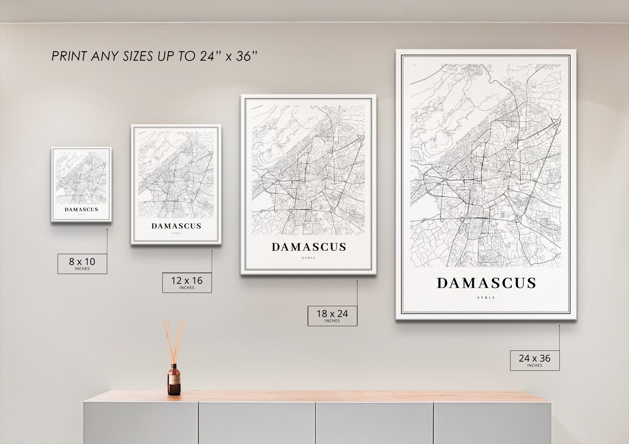 Damascus Syria Map Print, Map Art Poster, Damas سوريا City Street Road ...