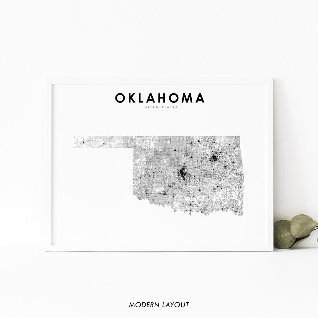 Oklahoma Map Print, State Road Map Print, OK USA United States Map Art ...