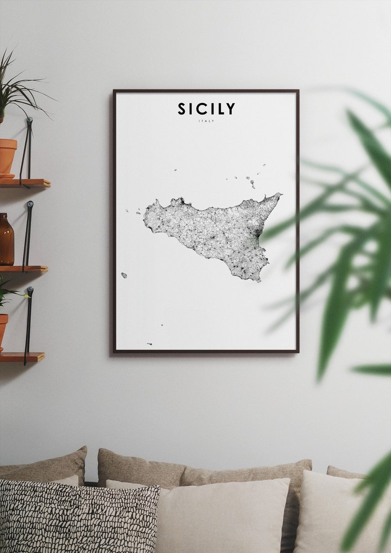 Sicily Italy Map Print Road Map Art Poster Sicilia Sicìlia | Etsy