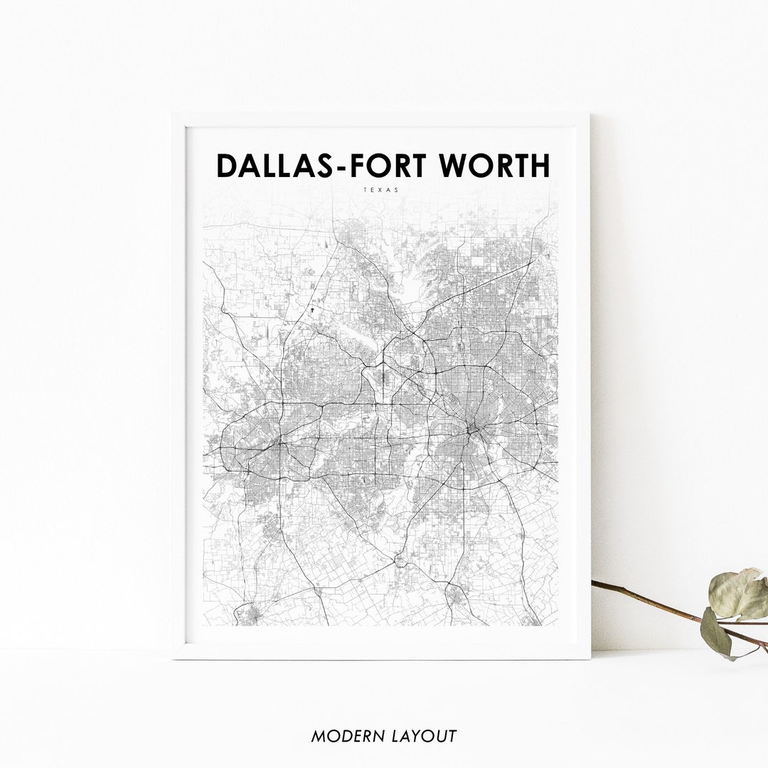 Dallas-fort Worth TX Map Print, DFW Texas USA Map Art Poster, City ...