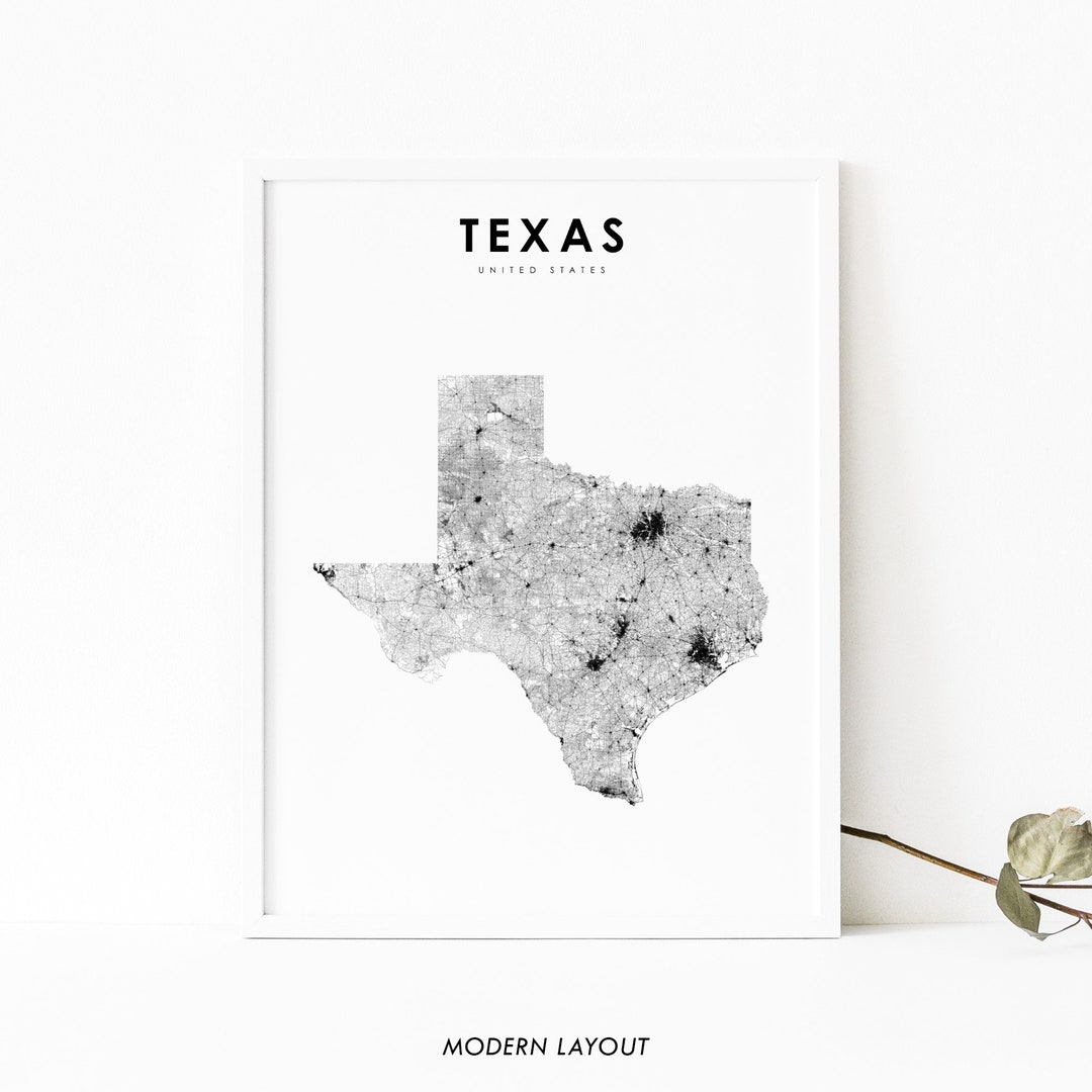 Texas Map Print, State Road Map Print, TX USA United States Map Art ...