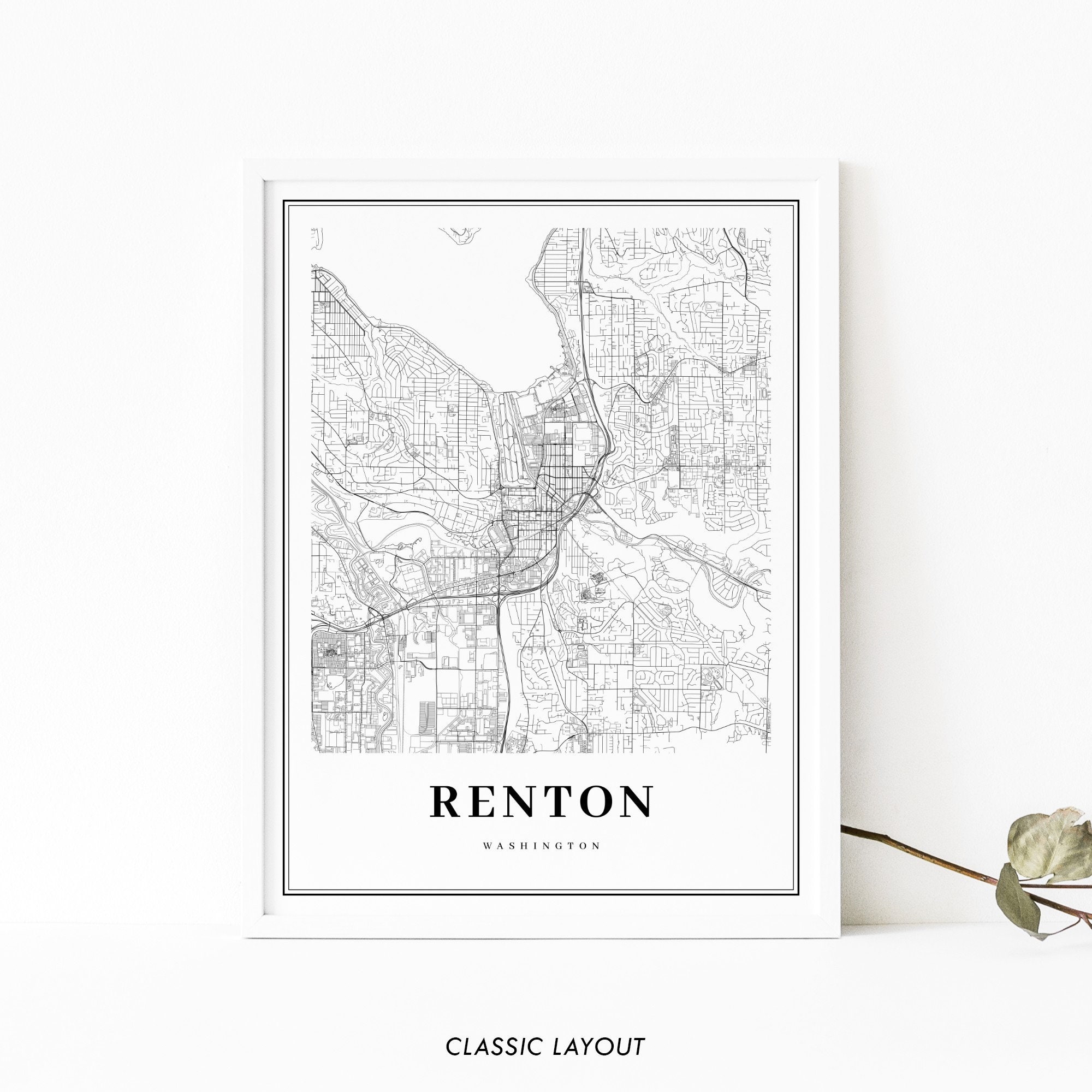 Renton WA Map Print, Washington USA Map Art Poster, City Street Road ...