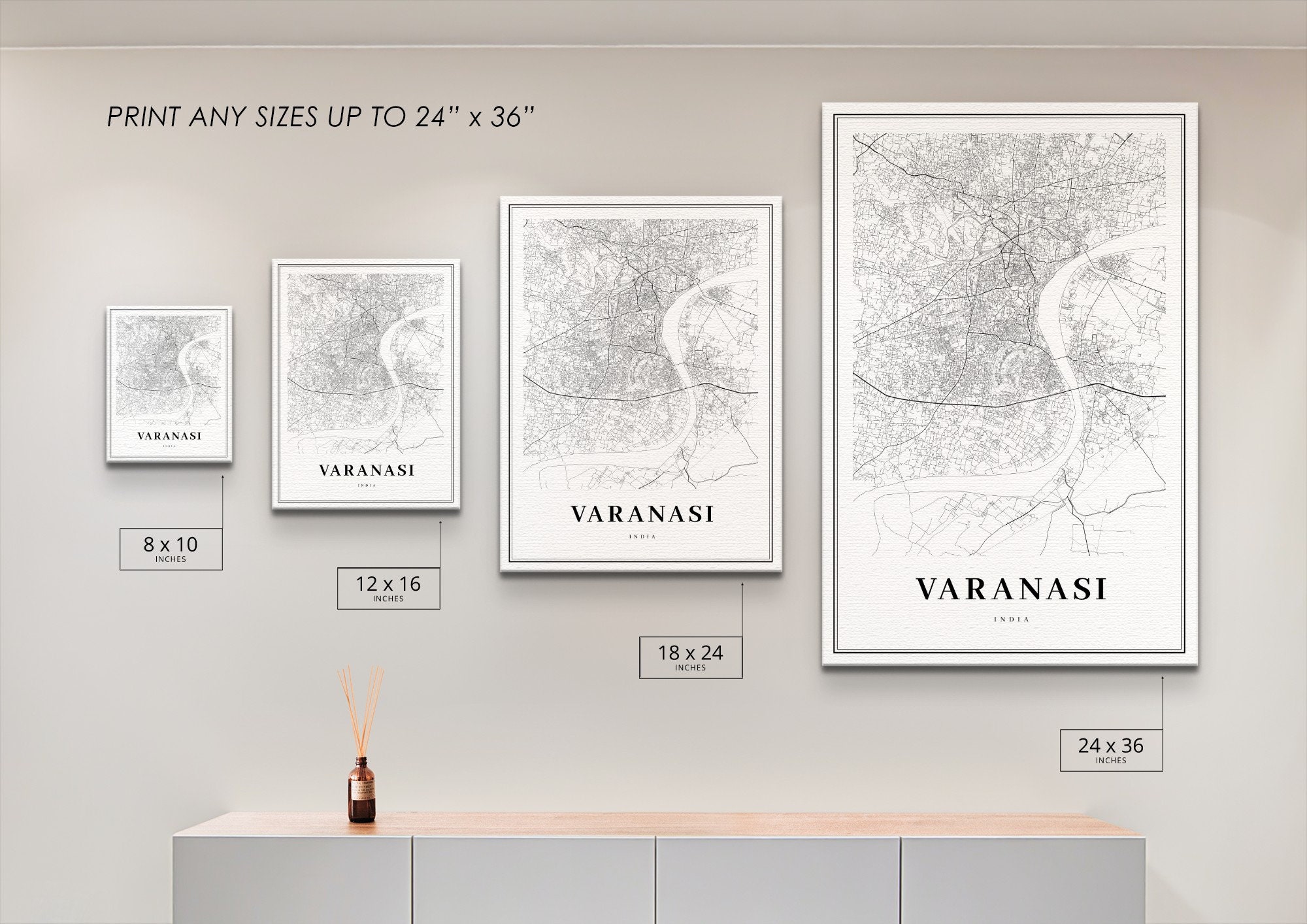 Varanasi India Map Print, Map Art Poster, Banaras Benares Uttar Pradesh ...