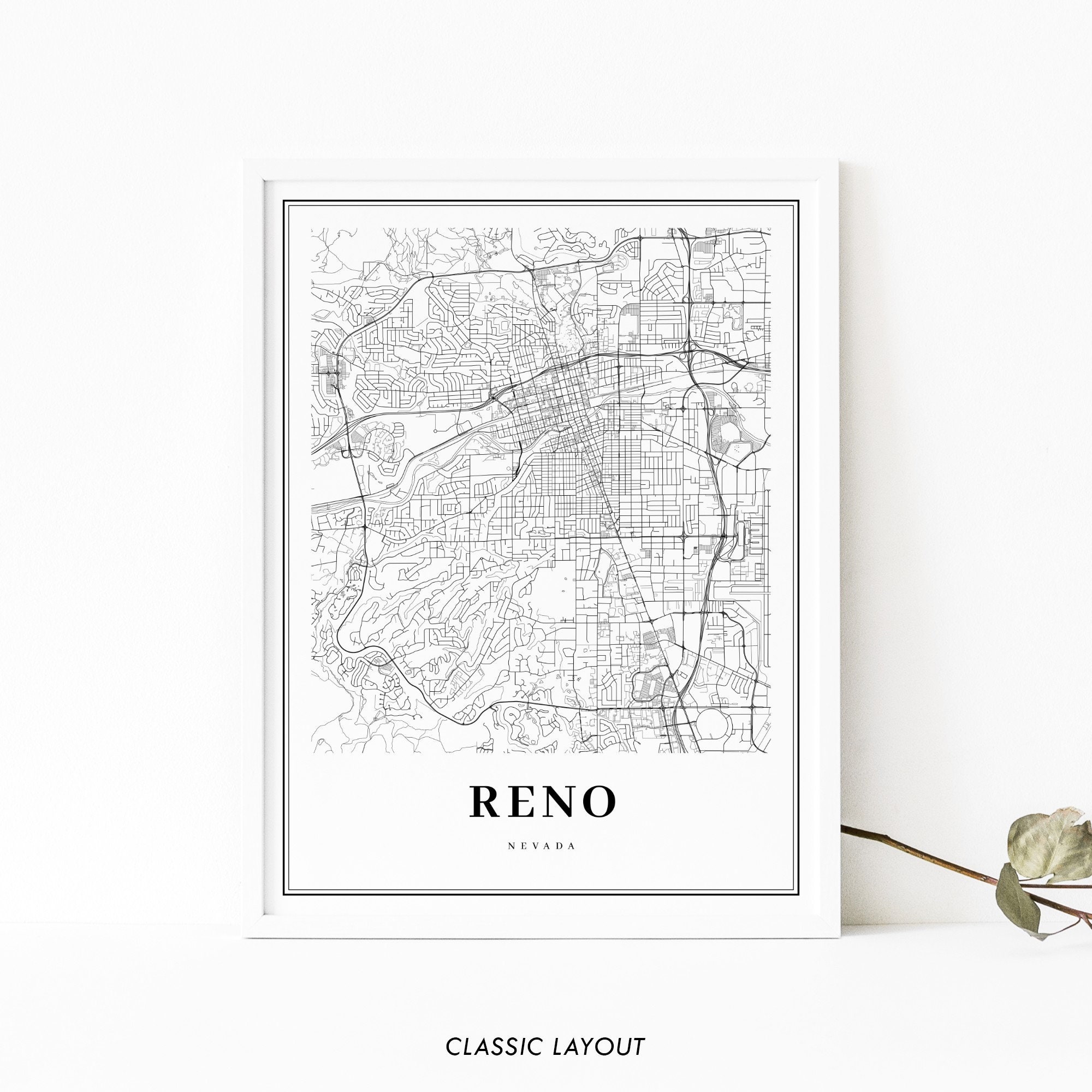 Reno NV Map Print, Nevada USA Map Art Poster, Washoe Sparks, City ...