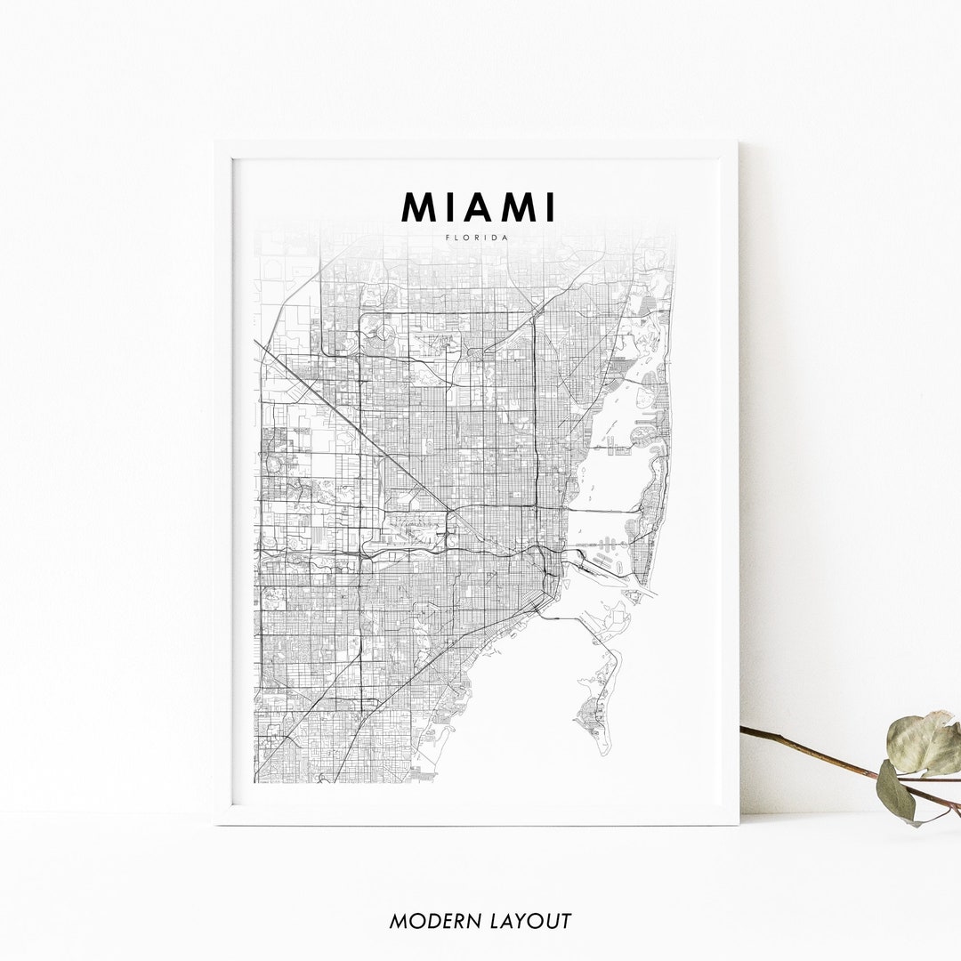 Miami Area FL Map Print, Florida USA Map Art Poster, City Road Street ...