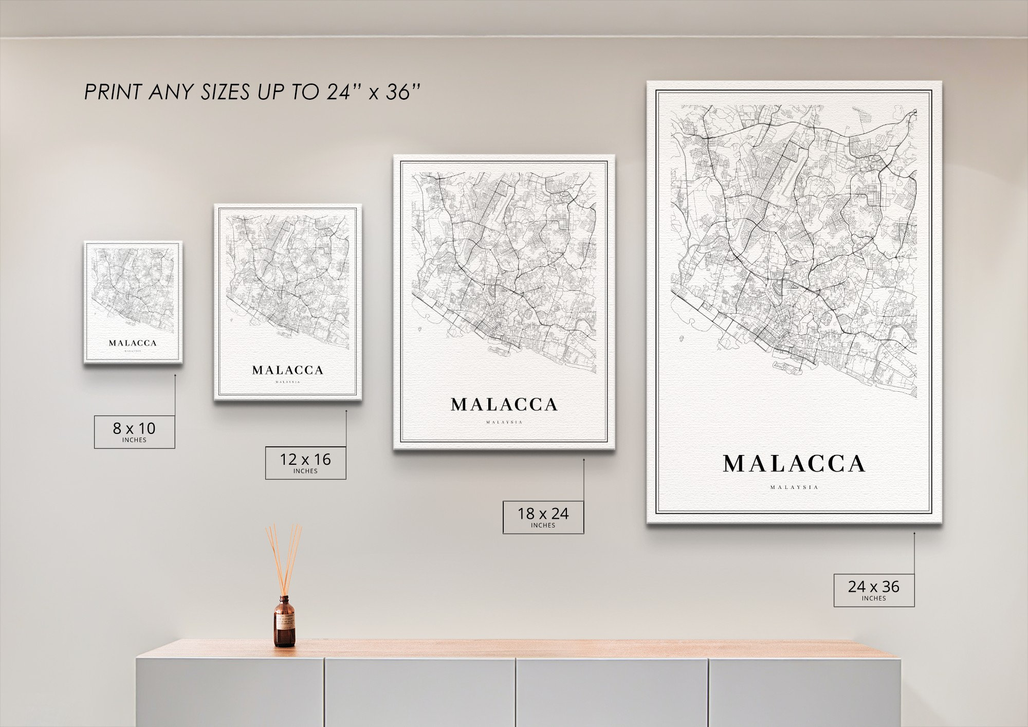Malacca Malaysia Map Print, Map Art Poster, Bandaraya Melaka 马六甲市, City ...