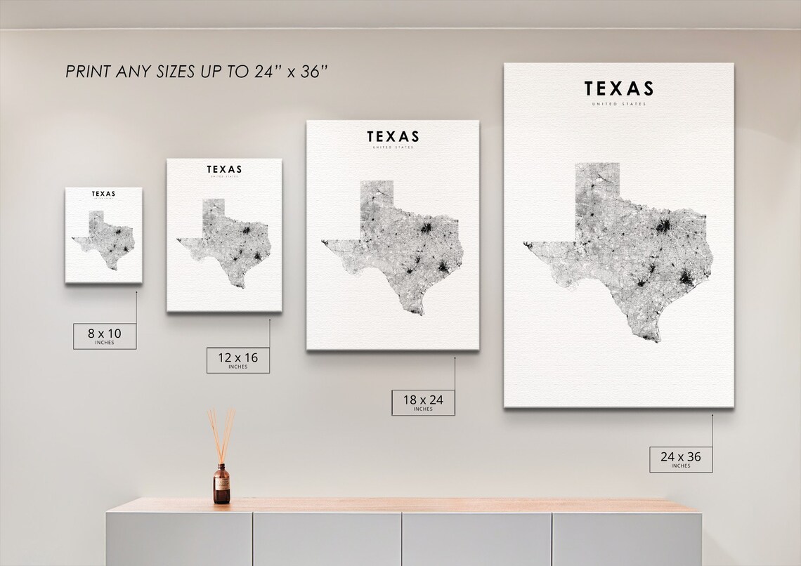 Texas Map Print, State Road Map Print, TX USA United States Map Art ...