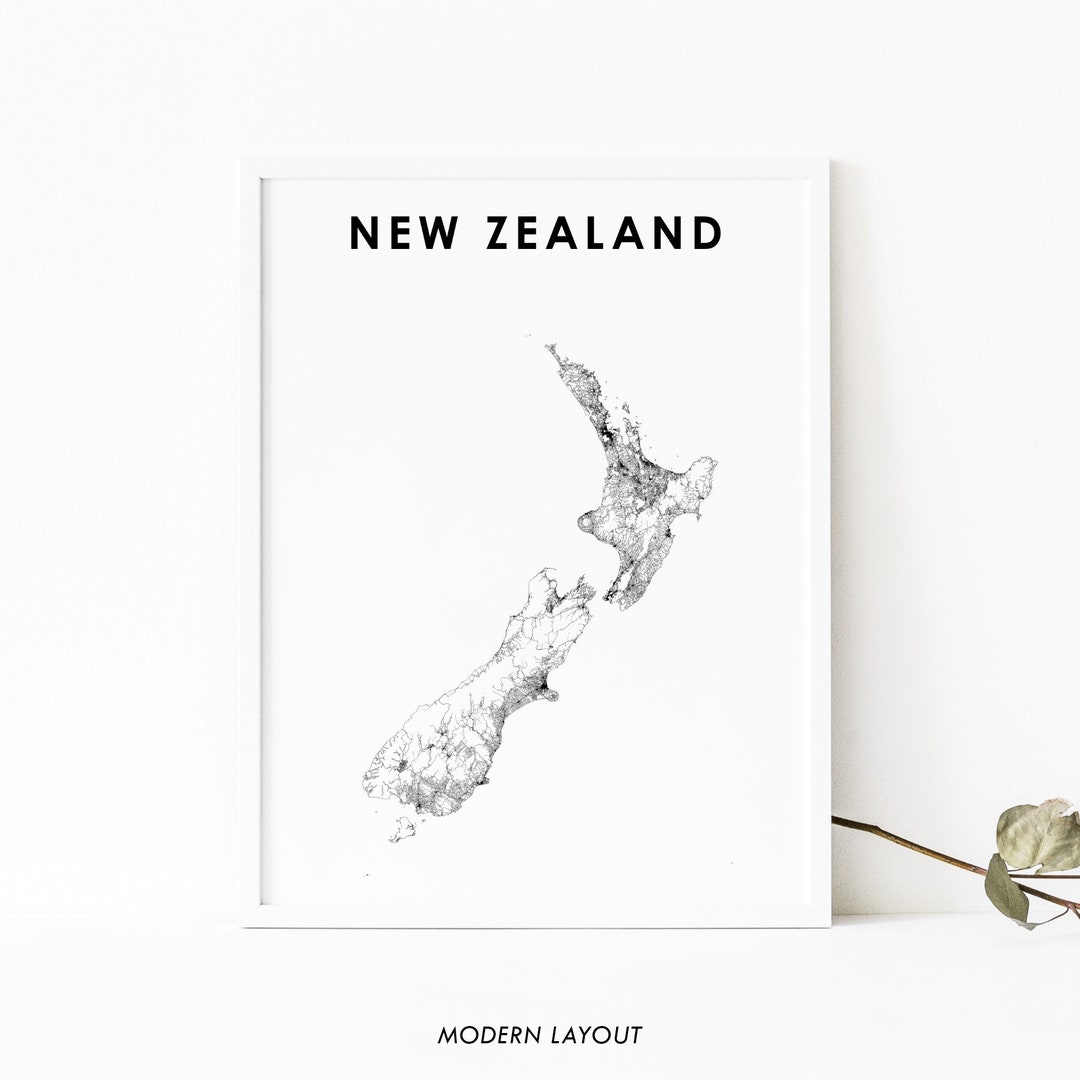 New Zealand Map Print, Country Road Map Art Poster, NZ Wellington ...