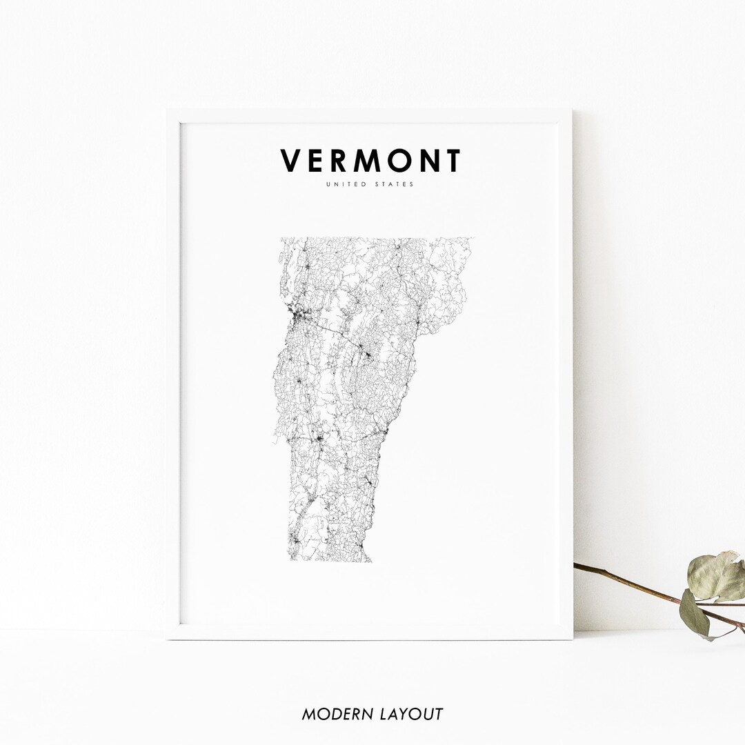 Vermont Map Print, State Road Map Print, VT USA United States Map Art ...