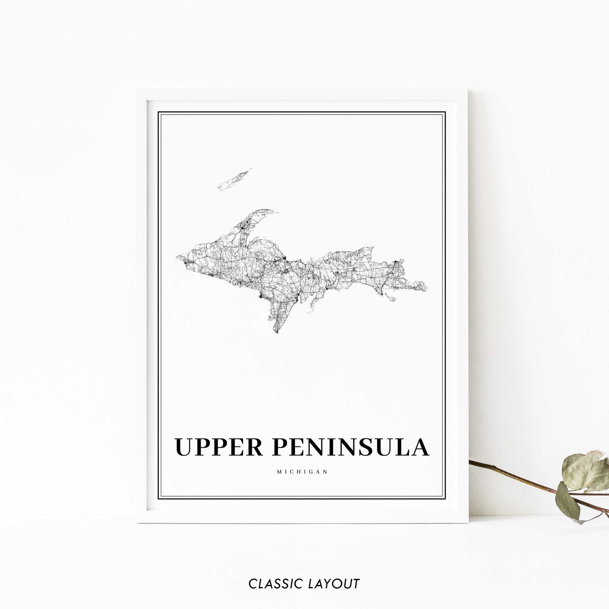 Upper Peninsula of Michigan Map Print, Northern Michigan MI USA United ...