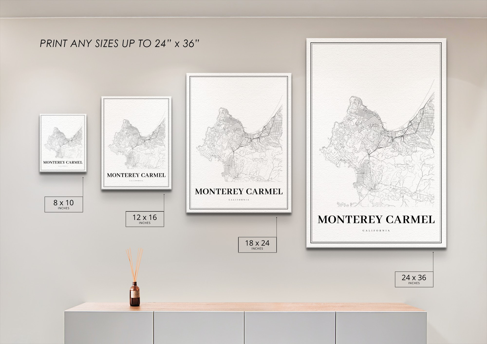Monterey Carmel CA Map Print, California USA Map Art Poster, City Road ...