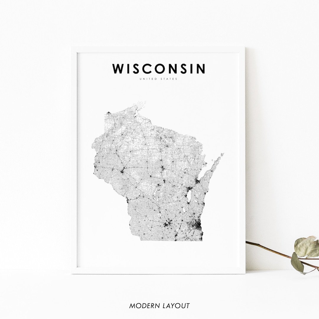 Wisconsin Map Print, State Road Map Print, WI USA United States Map Art ...