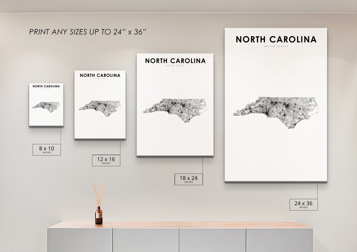 North Carolina Map Print, State Road Map Print, NC USA United States ...