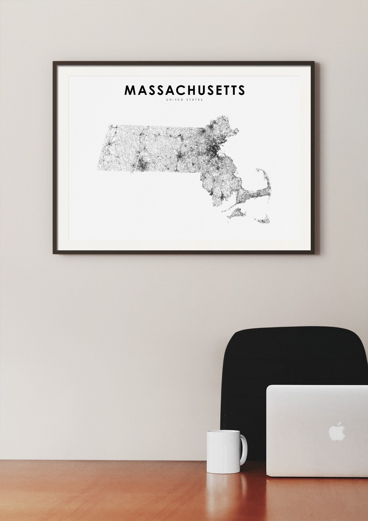Massachusetts Map Print, State Road Map Print, MA USA United States Map ...