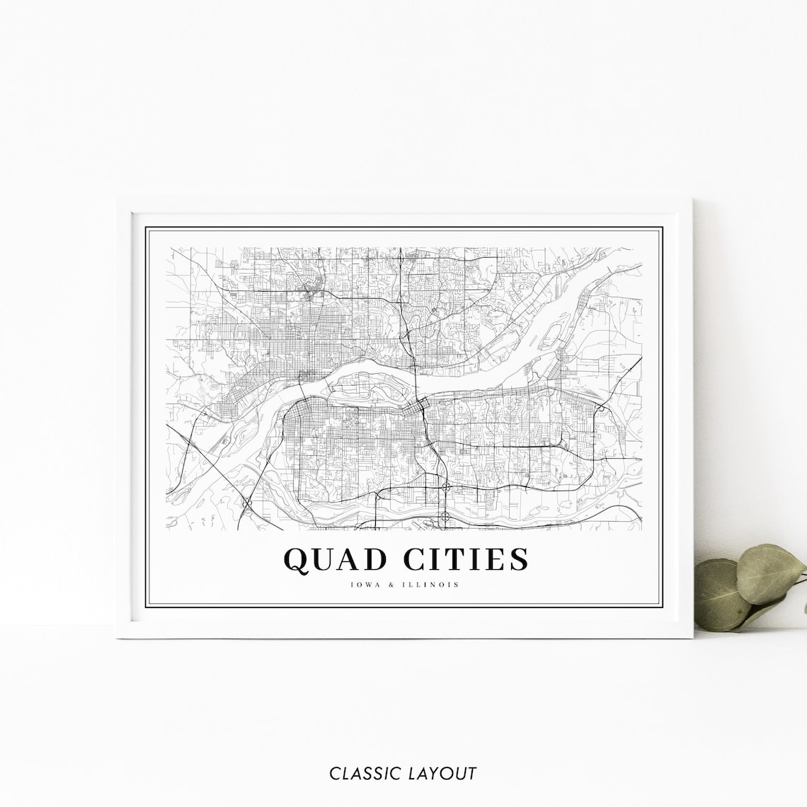 Quad Cities IA IL Map Print, Iowa Illinois USA Map Art Poster, City ...
