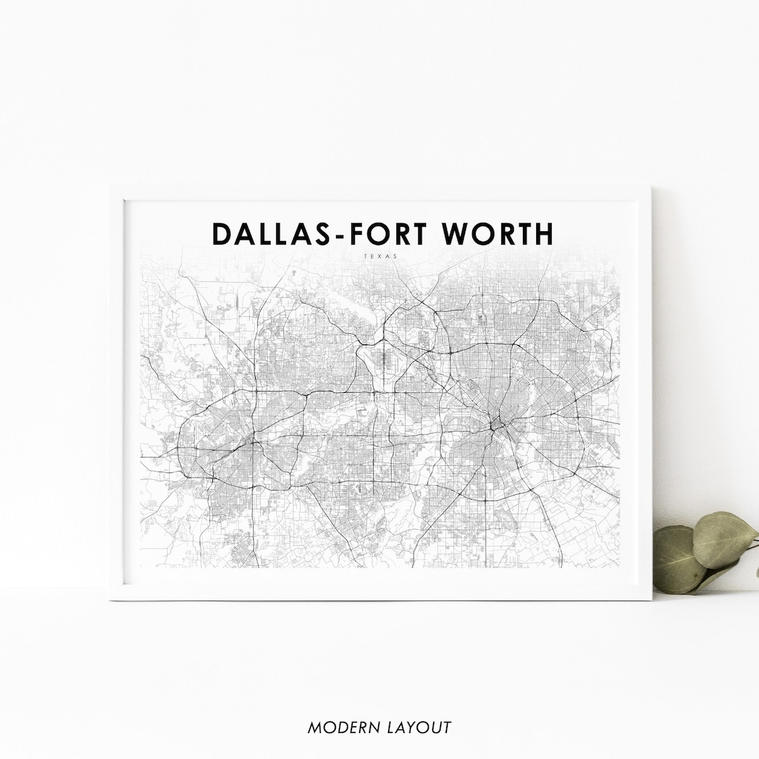 Dallas-fort Worth TX Map Print, DFW Texas USA Map Art Poster, City ...