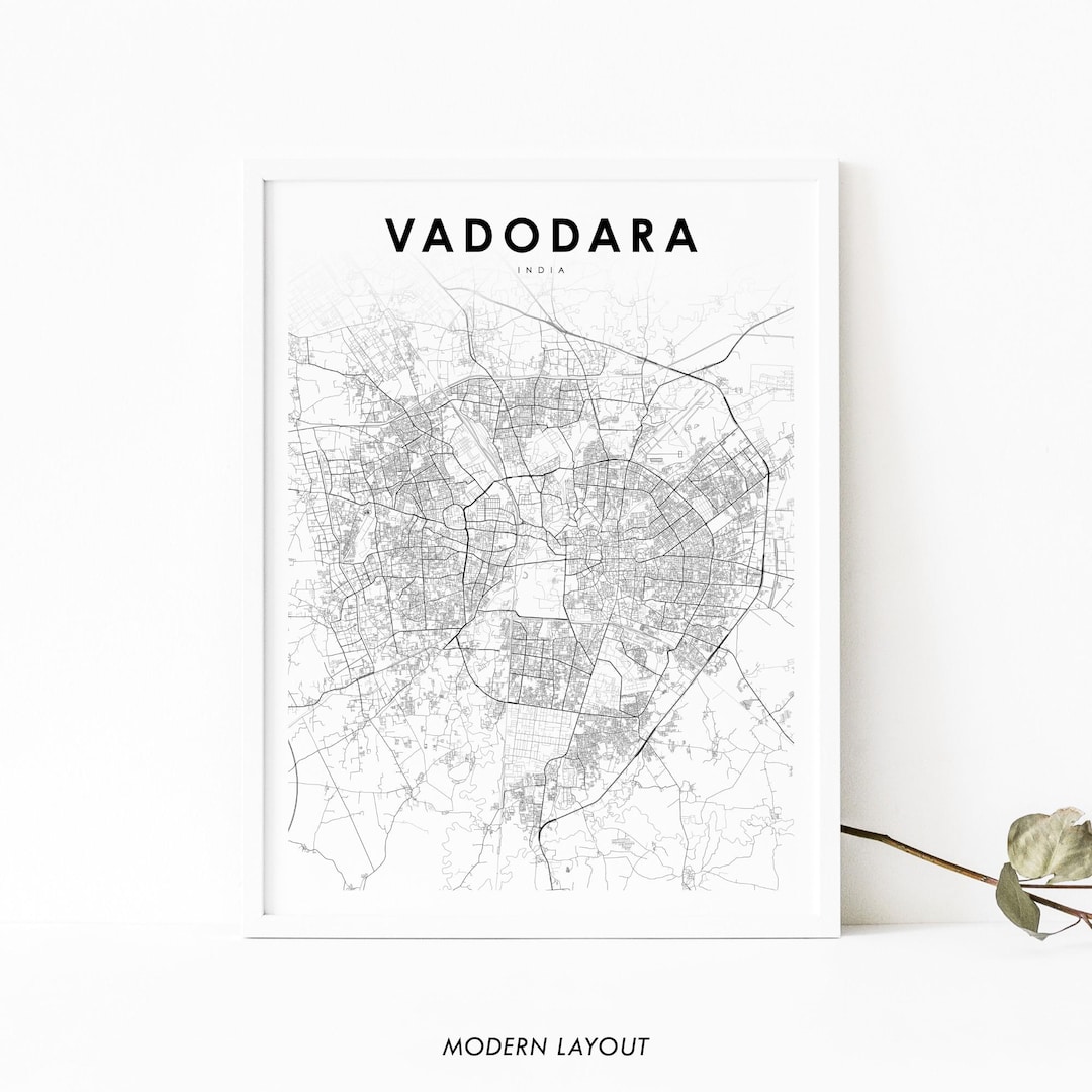Vadodara India Map Print, Gujarat Map Art Poster, Baroda Gandhinagar ...