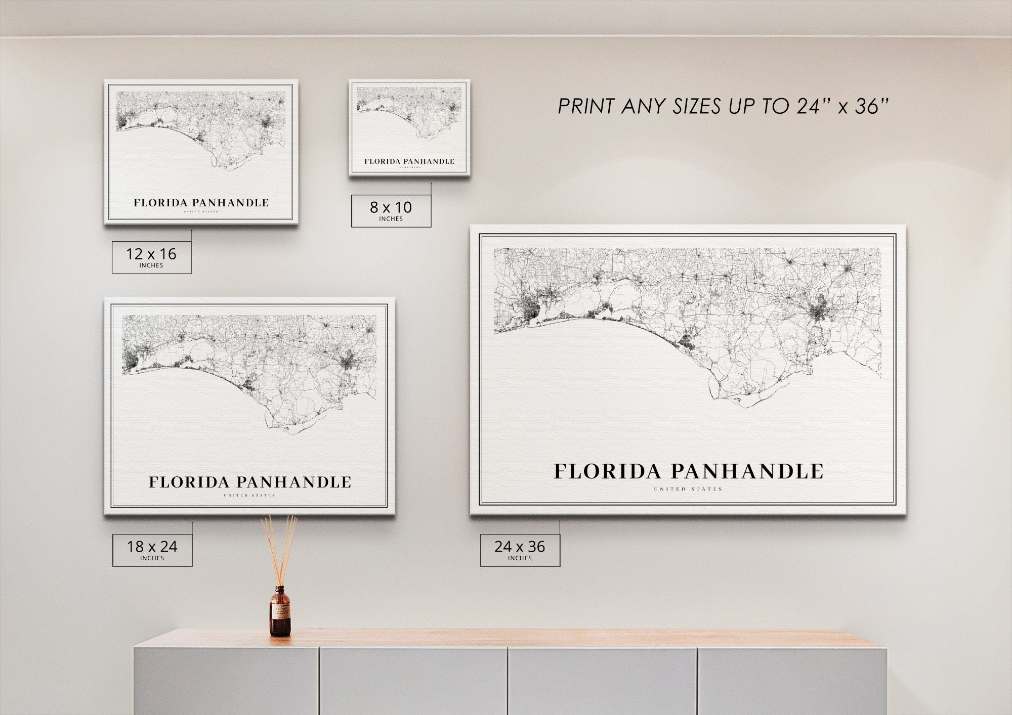 Florida Panhandle FL Map Print, Florida USA Map Art Poster, City Street ...