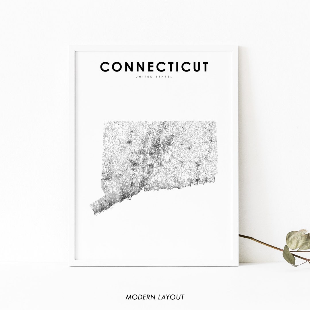 Connecticut Map Print, State Road Map Print, CT USA United States Map ...