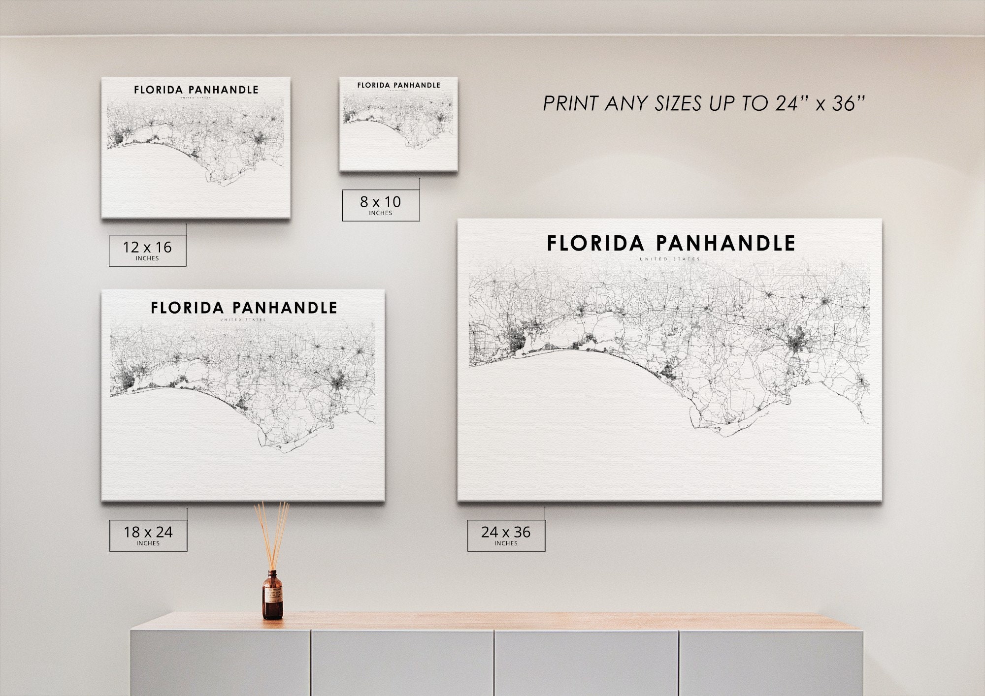 Florida Panhandle FL Map Print, Florida USA Map Art Poster, City Street ...