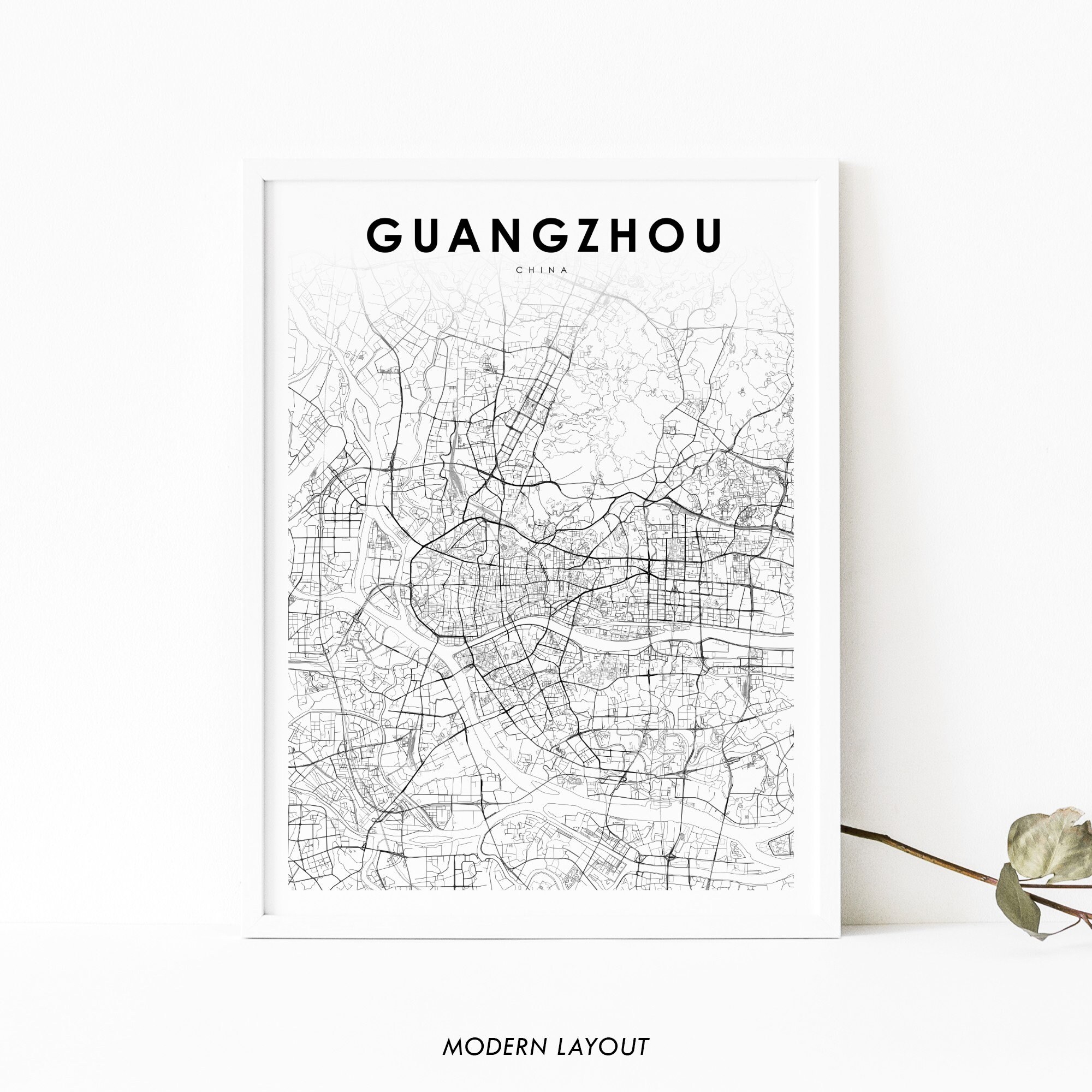 Guangzhou China Map Print, Map Art Poster, 广州市 广州 廣州 Canton, City ...