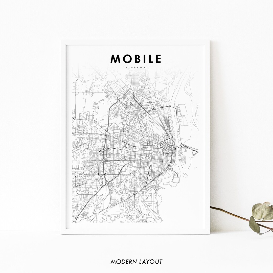 Mobile AL Map Print, Alabama USA Map Art Poster, City Street Road Map ...