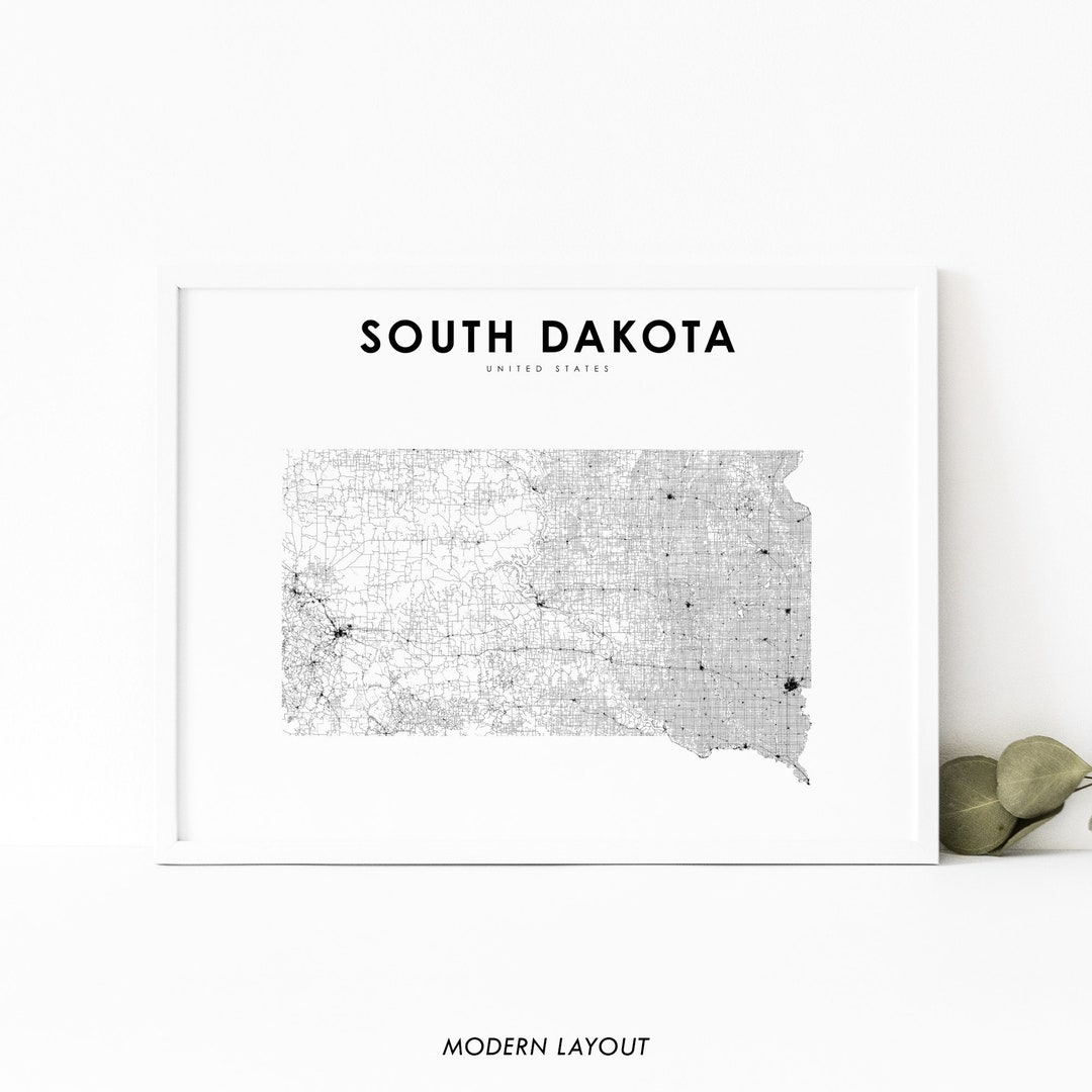 South Dakota Map Print, State Road Map Print, SD USA United States Map ...