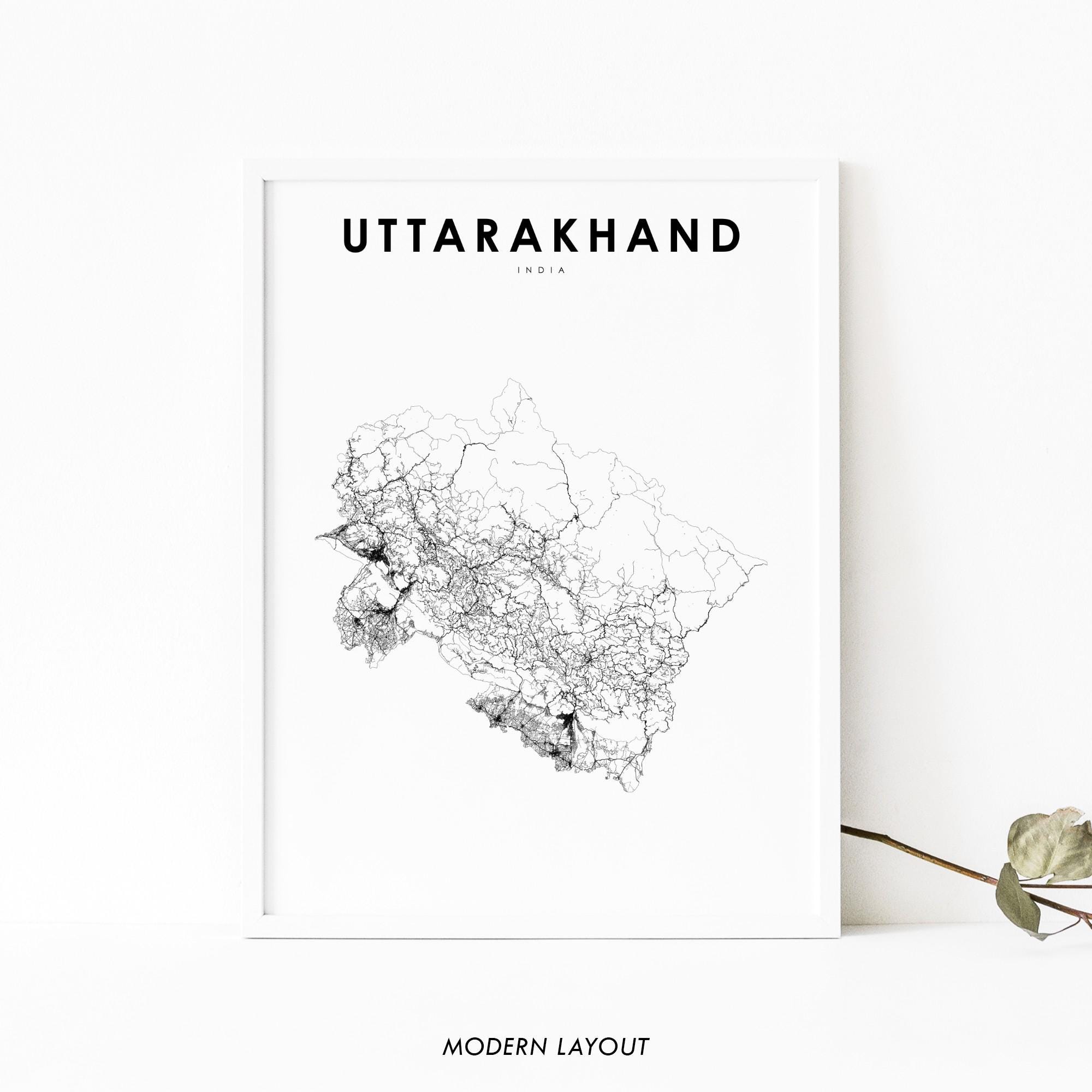 Uttarakhand India Map Print, Road Map Art Poster, Uttaranchal ...