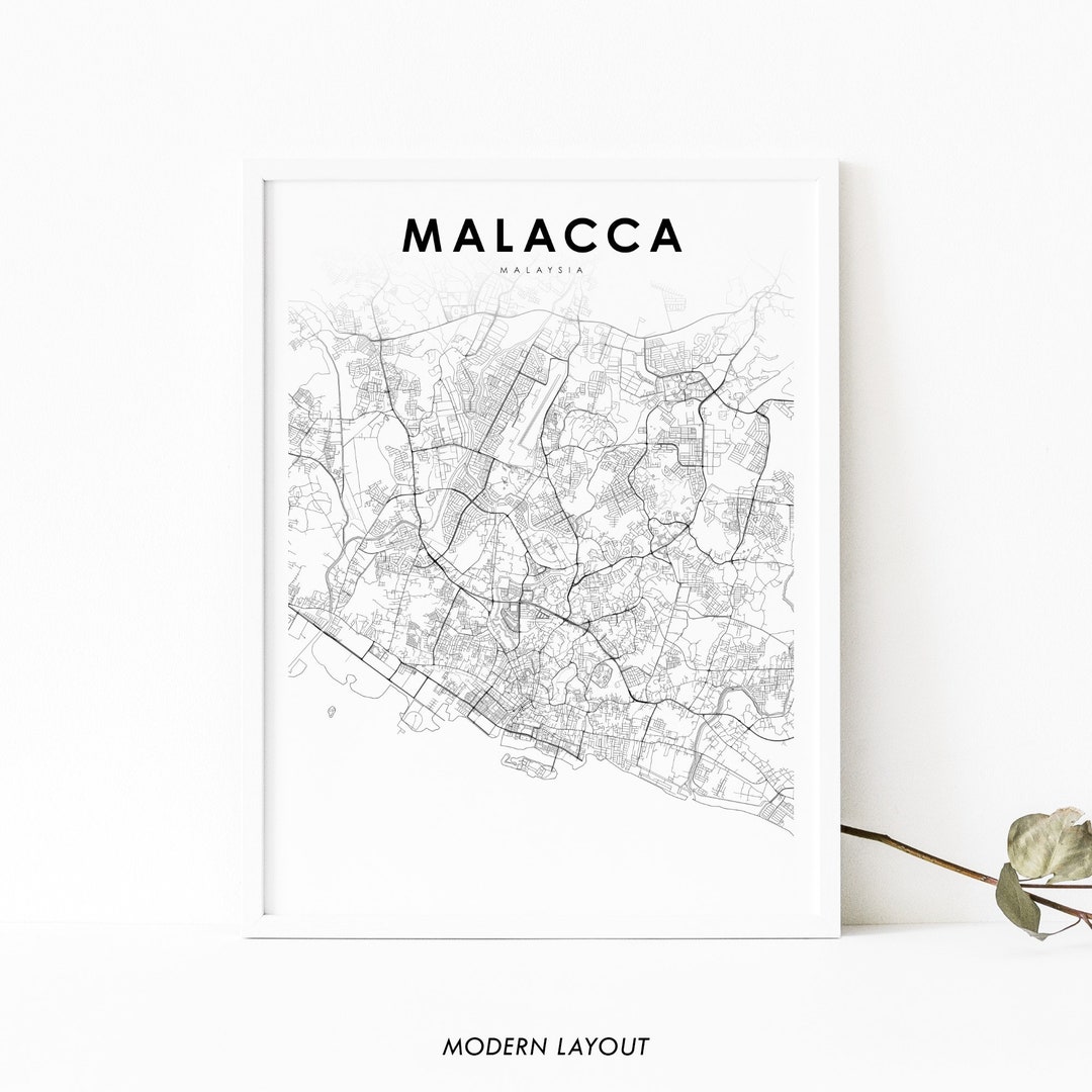 Malacca Malaysia Map Print, Map Art Poster, Bandaraya Melaka 马六甲市, City ...