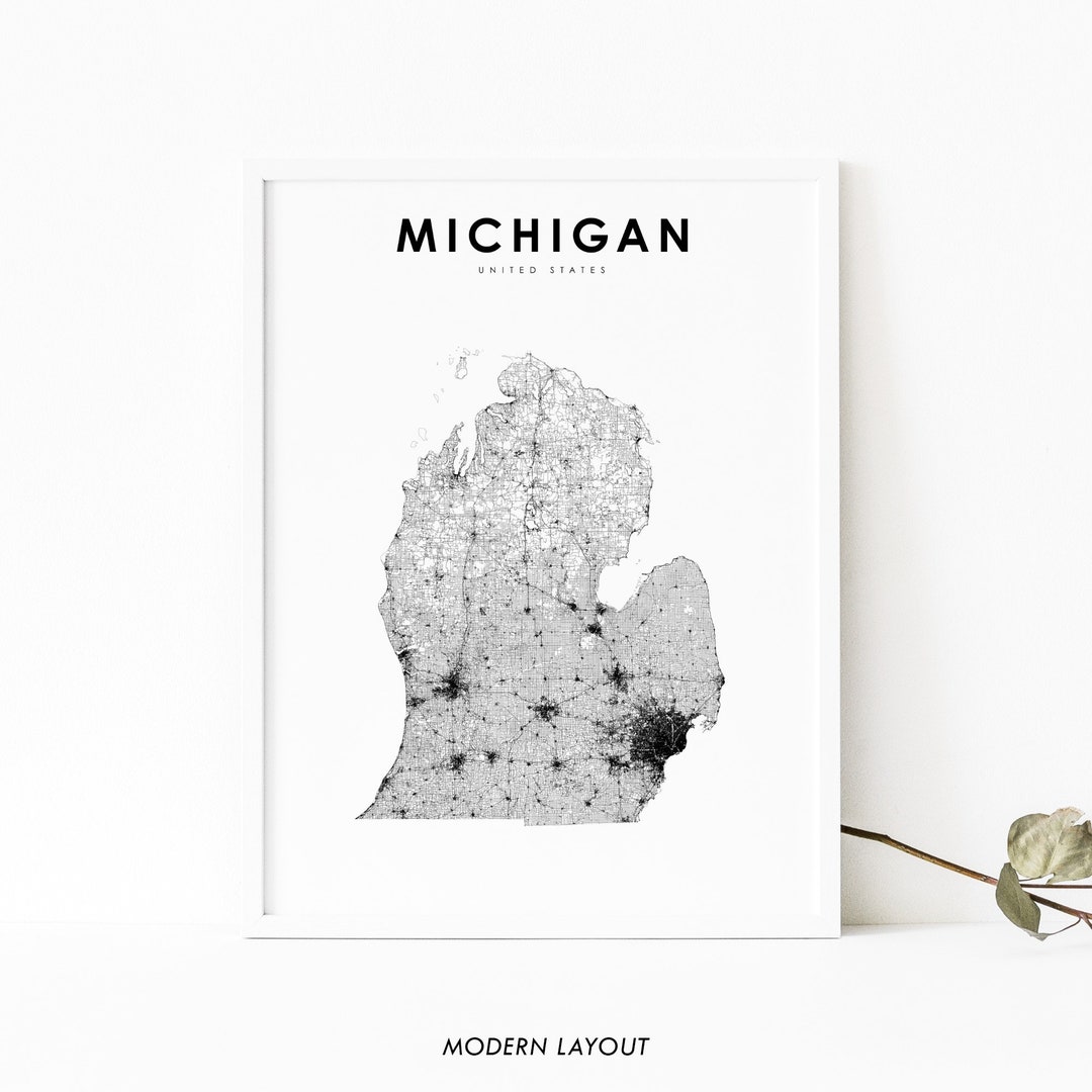 Michigan Map Print, Lower Peninsula State Road Map Print, MI USA United ...