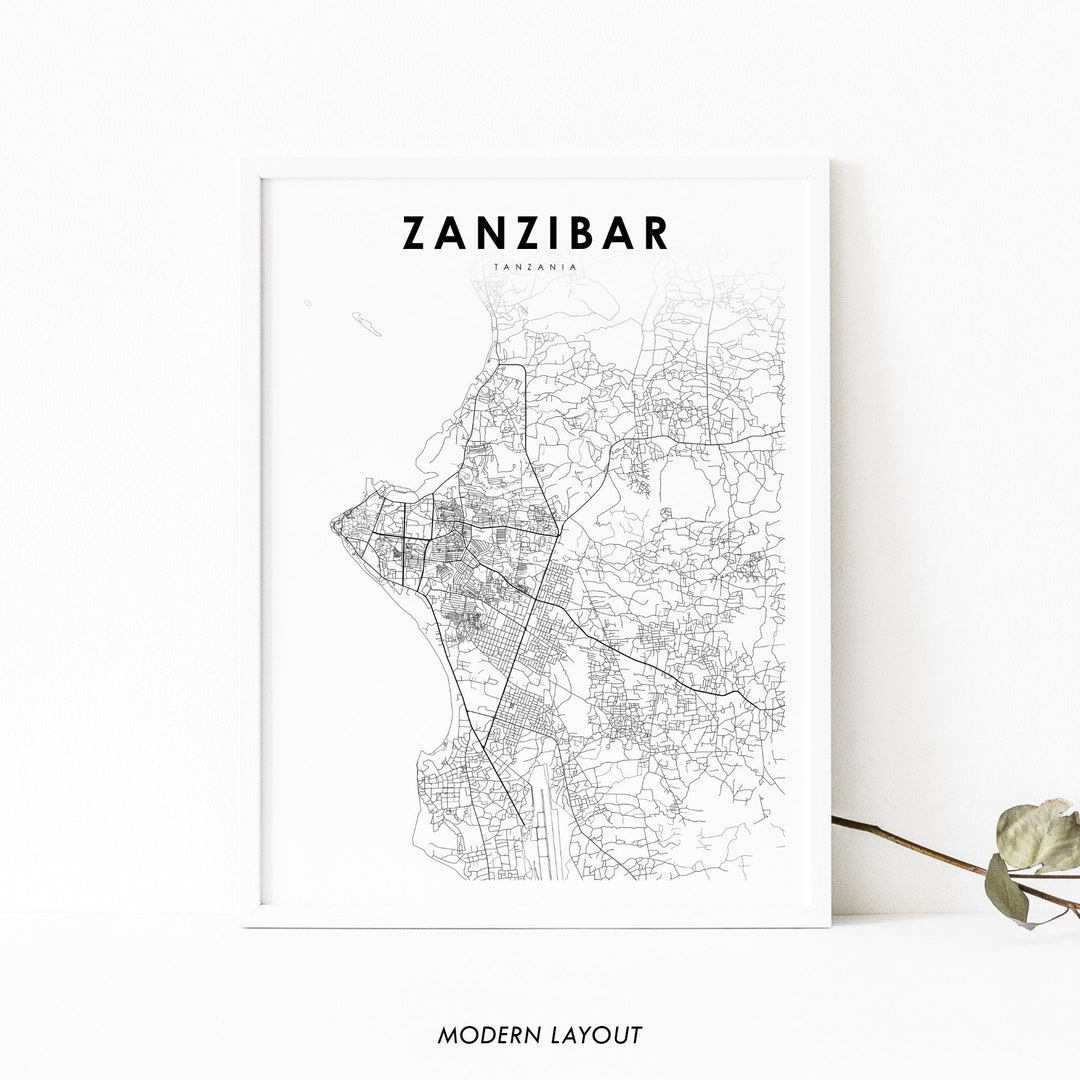 Zanzibar Tanzania Map Print, Map Art Poster, Unguja مدينة زنجبار City ...