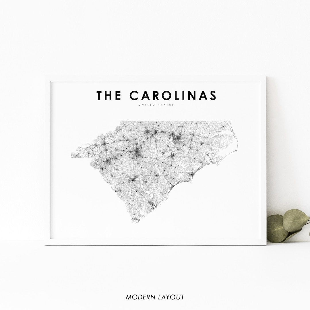 The Carolinas Map Print, State Road Map Print, NC SC USA United States ...