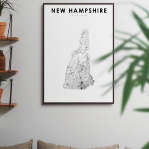 New Hampshire Map Print, State Road Map Print, NH USA United States Map ...