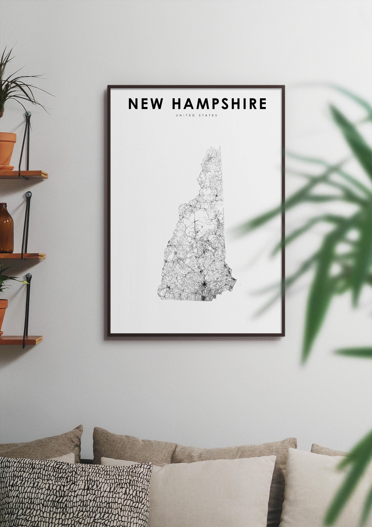 New Hampshire Map Print, State Road Map Print, NH USA United States Map ...