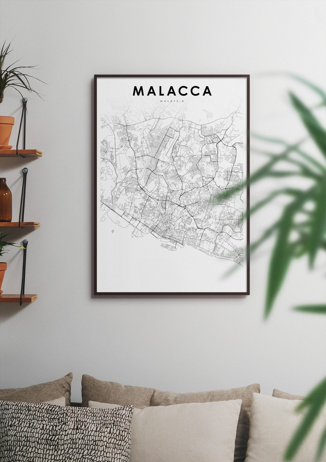 Malacca Malaysia Map Print, Map Art Poster, Bandaraya Melaka 马六甲市, City ...