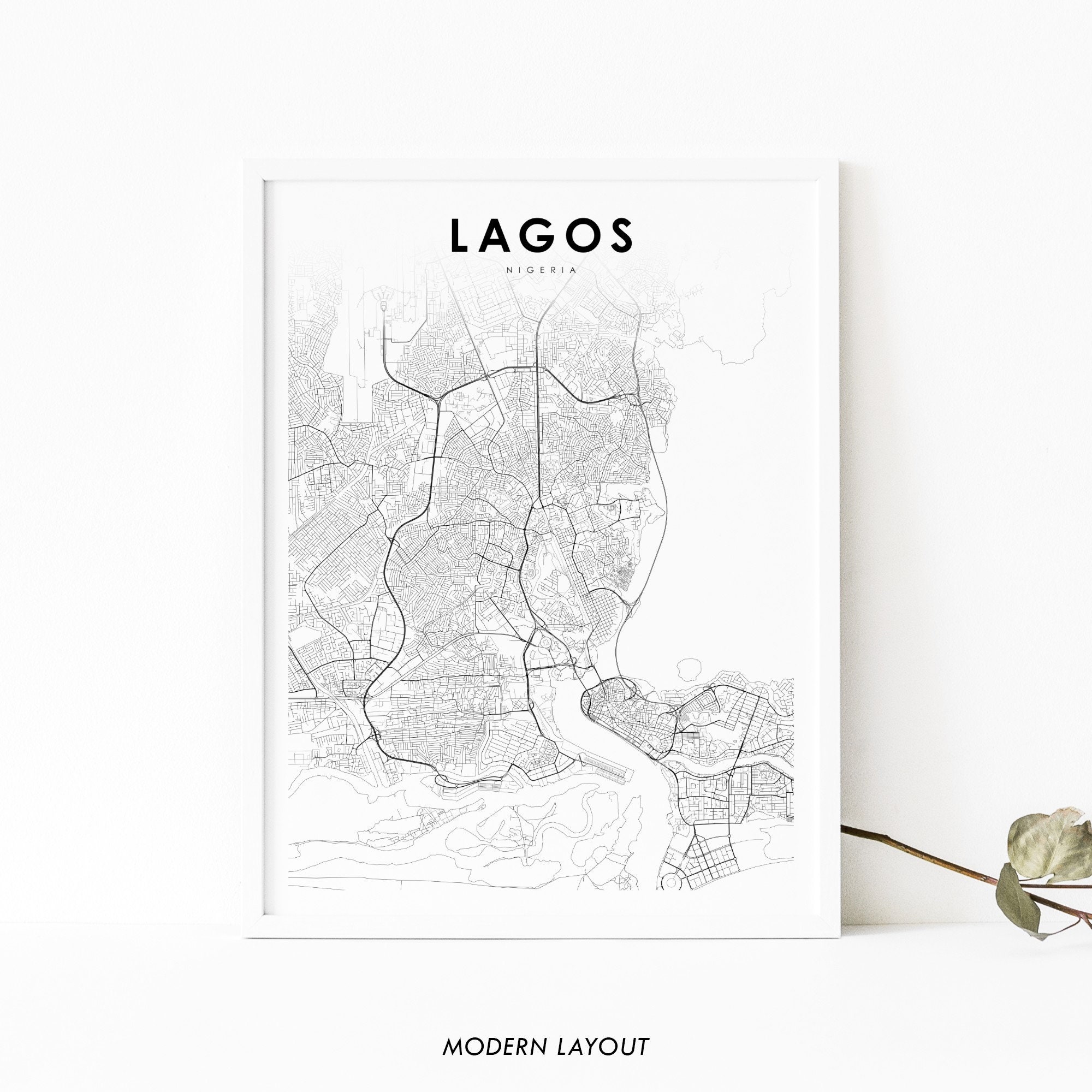 Lagos Nigeria Map Print, Map Art Poster, Èkó Sahara, City Street Road ...