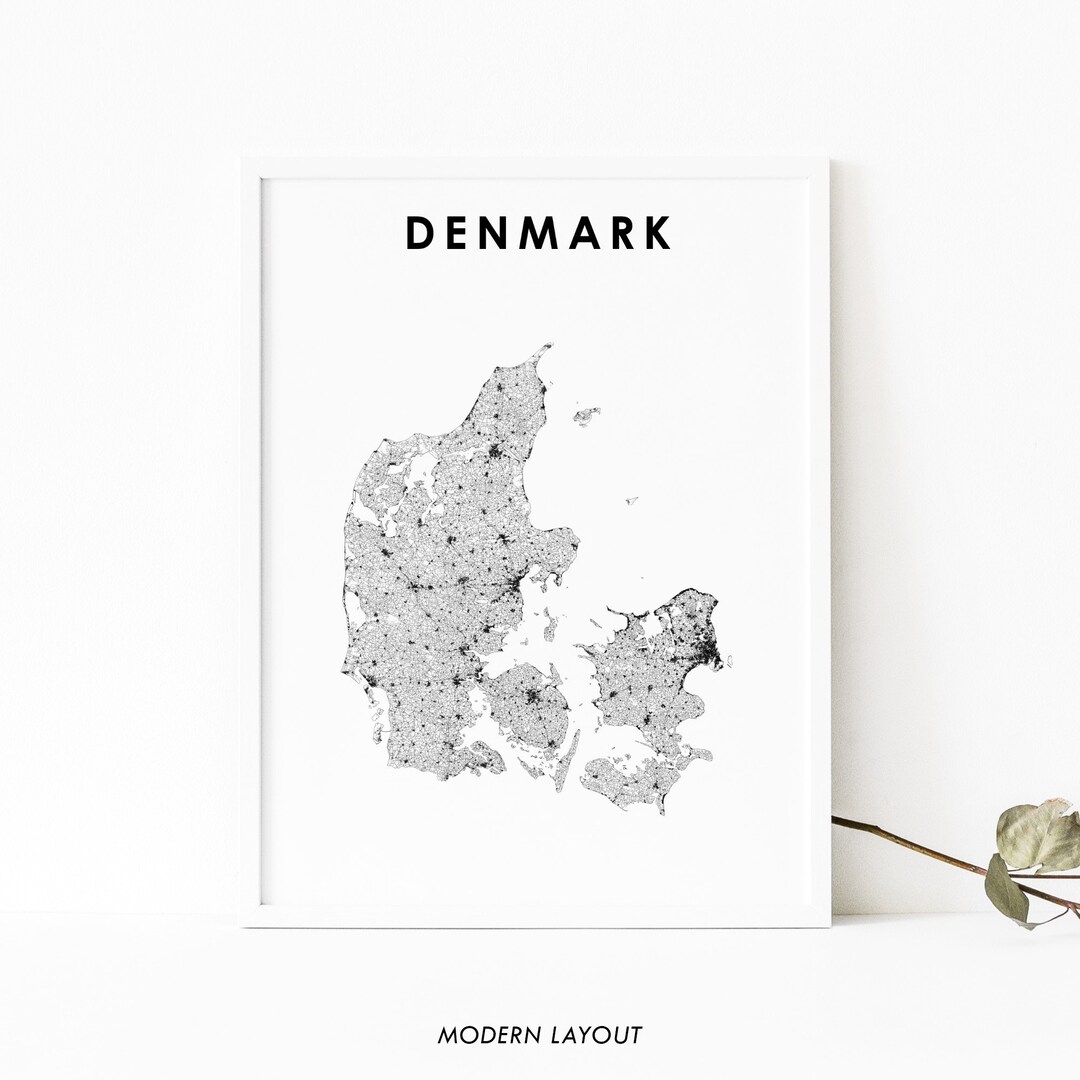 Denmark Map Print, Country Road Map Art Poster, Kongeriget Danmark ...