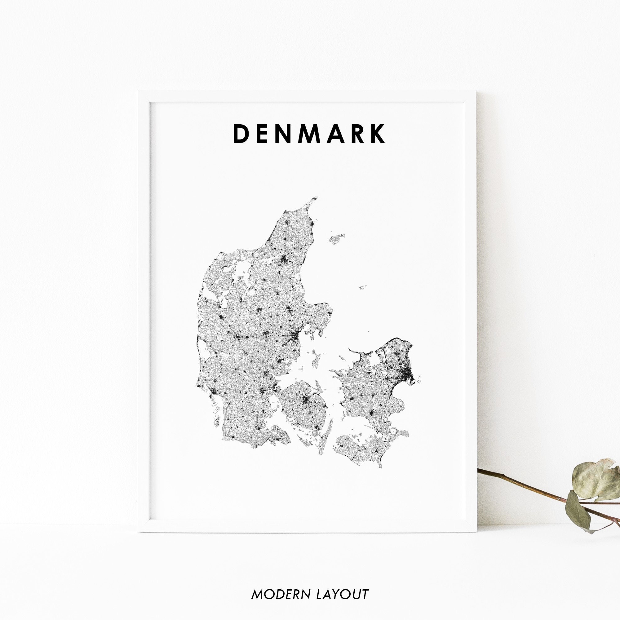 Denmark Map Print, Country Road Map Art Poster, Kongeriget Danmark ...