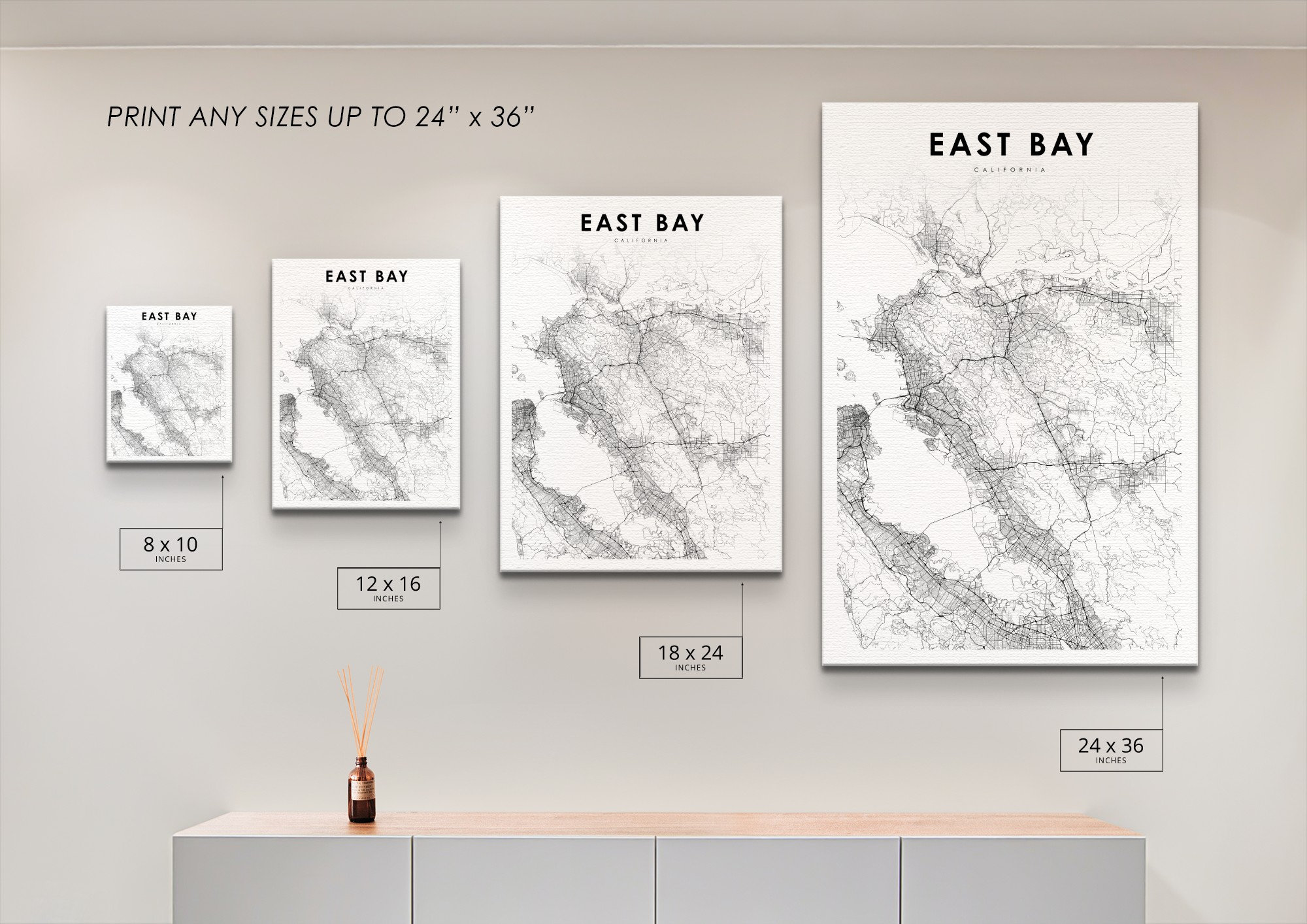 East Bay CA Map Print, California USA Map Art Poster, Bay Area, City ...