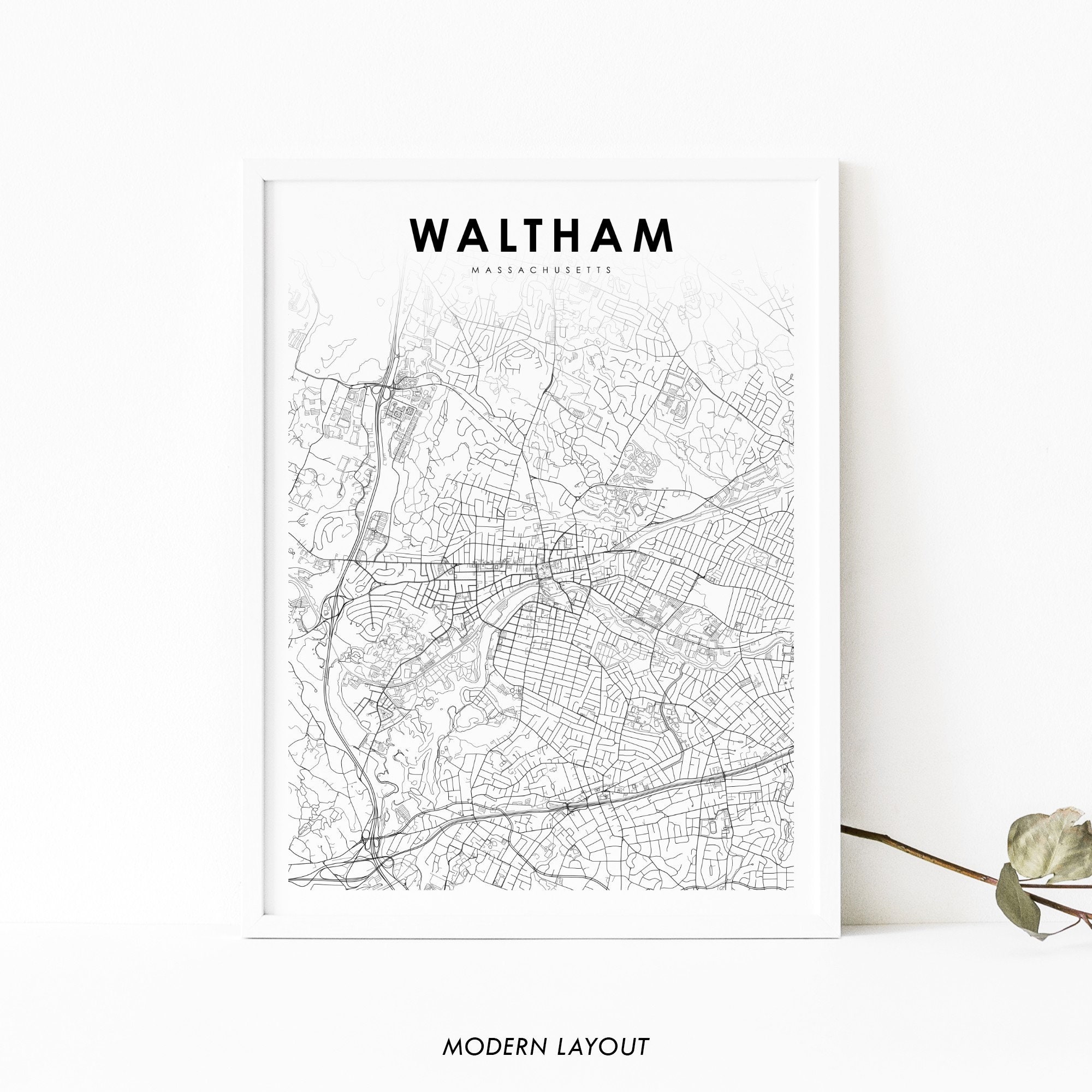 Waltham MA Map Print, Massachusetts USA Map Art Poster, Middlesex, City ...