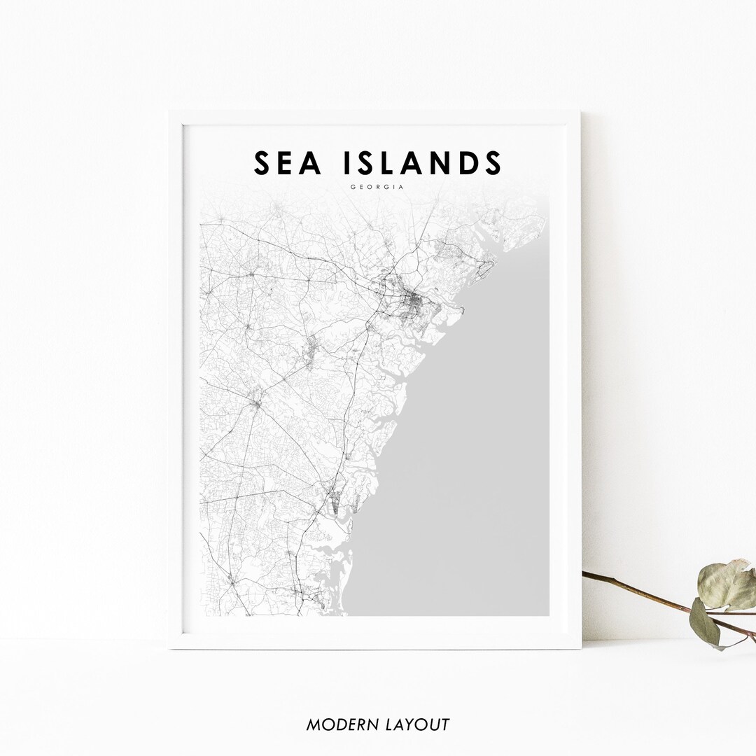 Sea Islands GA Map Print, Georgia USA Map Art Poster, Savannah, Road ...