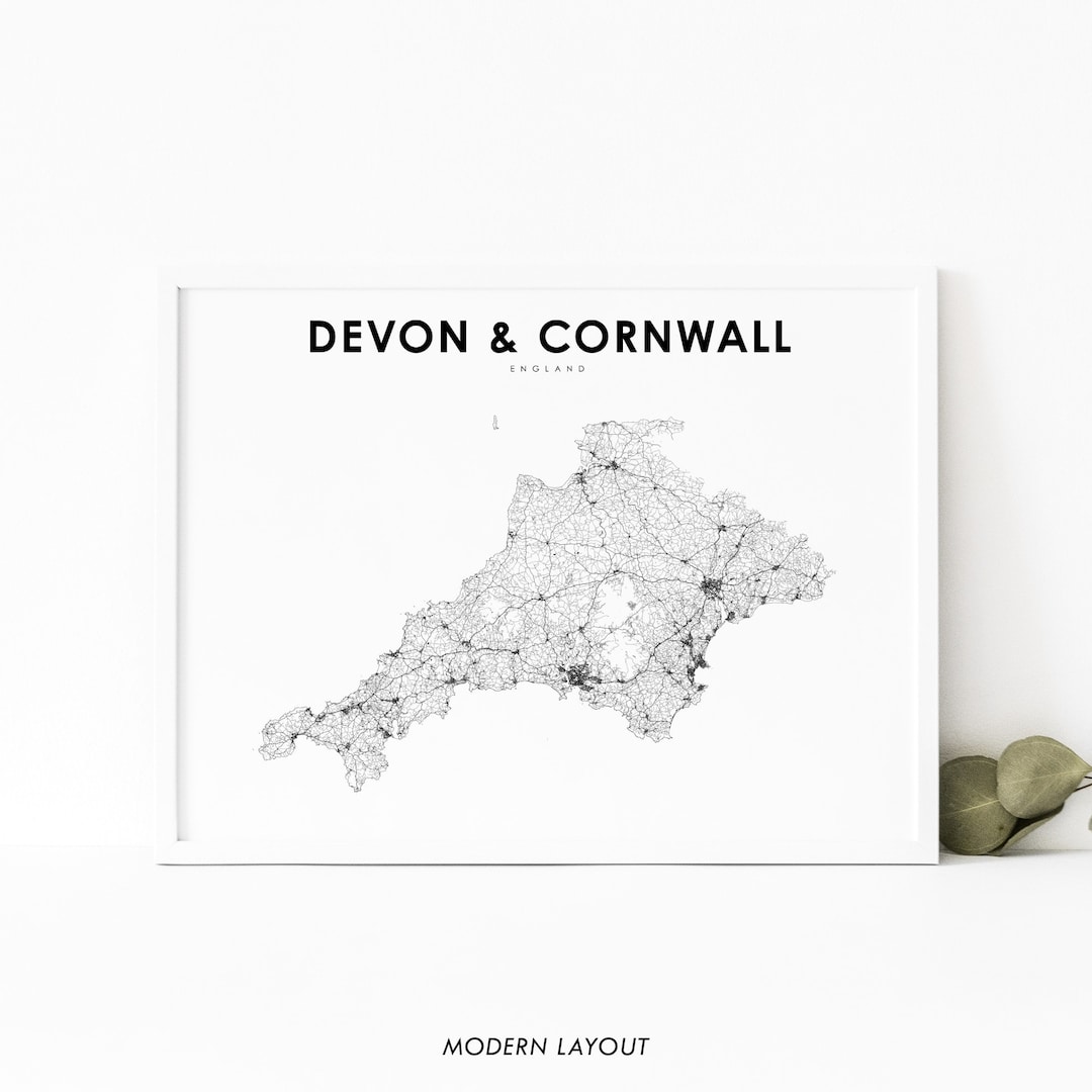Devon & Cornwall England Map Print, UK United Kingdom Road Map Art ...