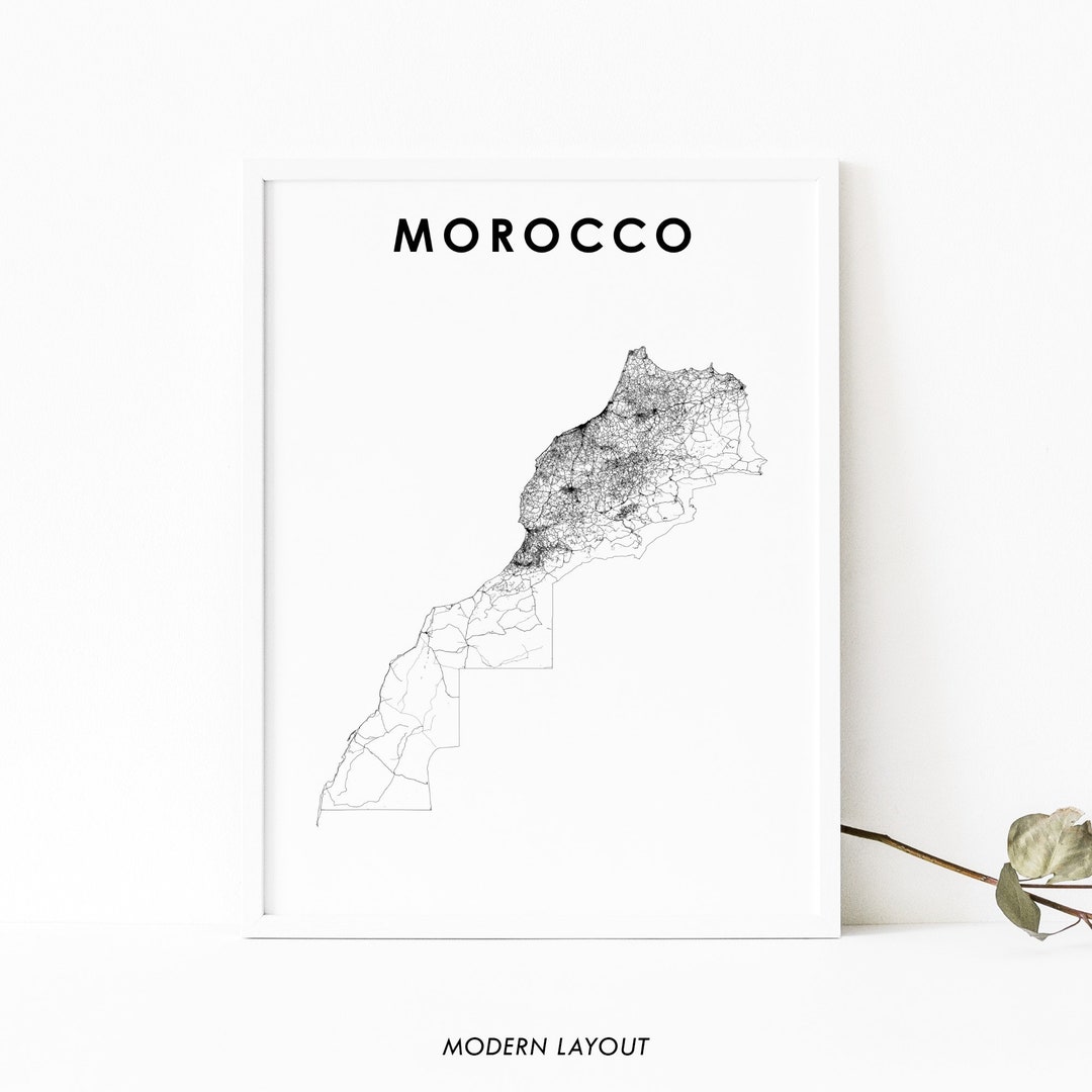Morocco Map Print, Country Road Map Art Poster, Western Sahara Map ...