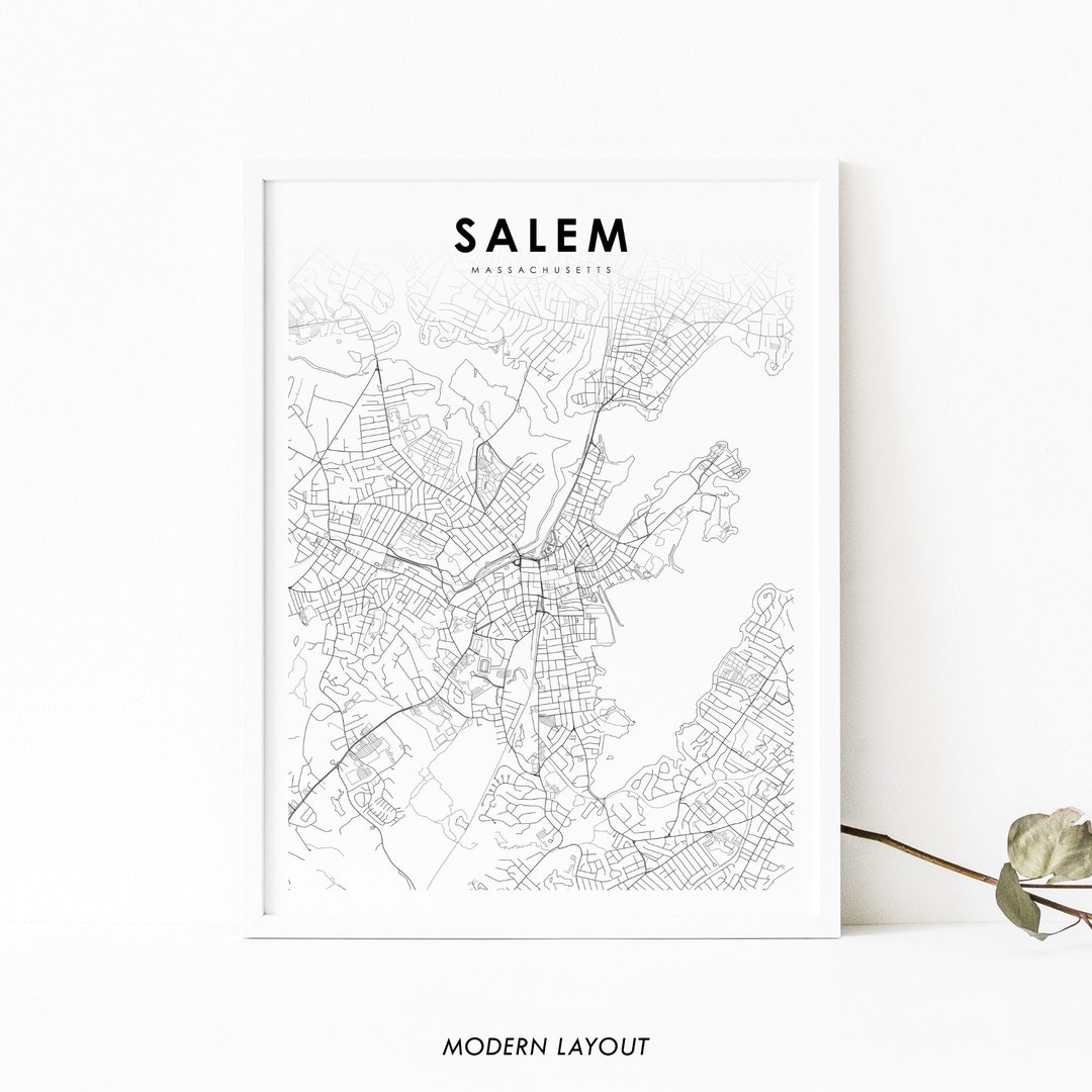 Salem MA Map Print, Massachusetts USA Map Art Poster, City Street Road ...